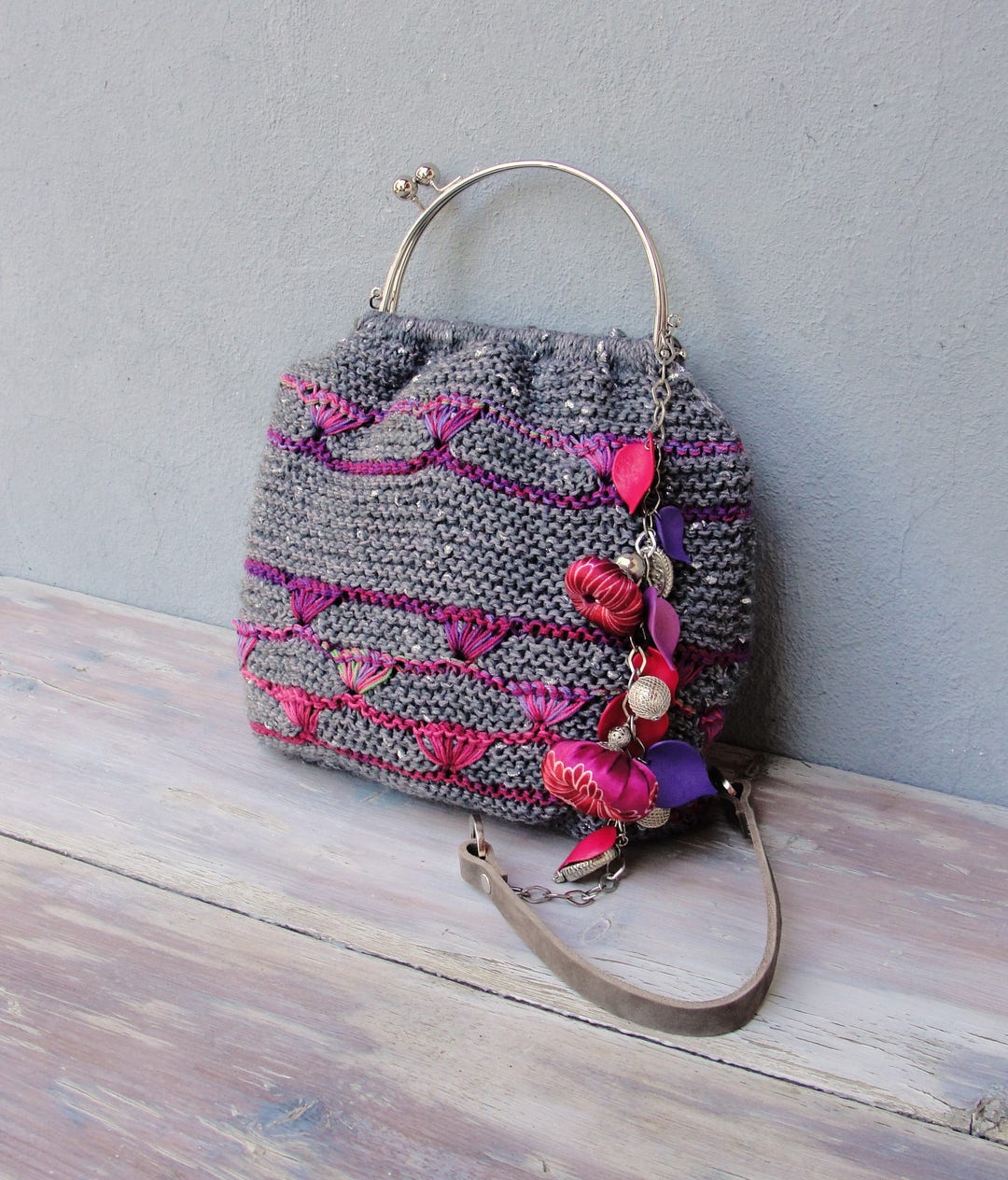 Knitted Gray With Purple Bag, Hand Knitted Bohemian Purse, Flowers ...