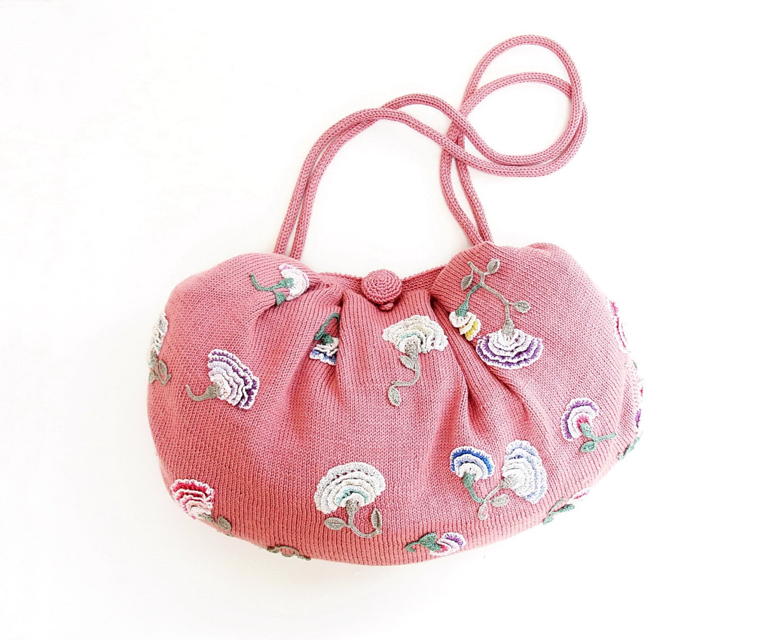 Knitted Purse Pink Floral Bag With Crocheted Flowers Hobo Bag - Etsy