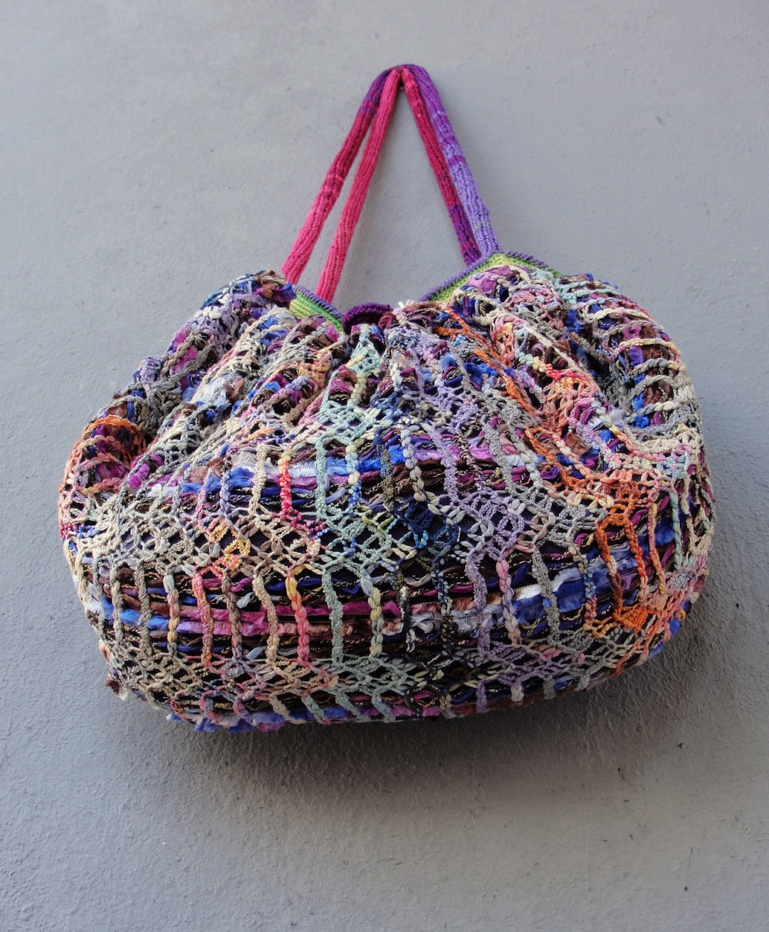 Happy Hobo Bag Knit Fabric and Crochet Details, Multicolor Rainbow ...