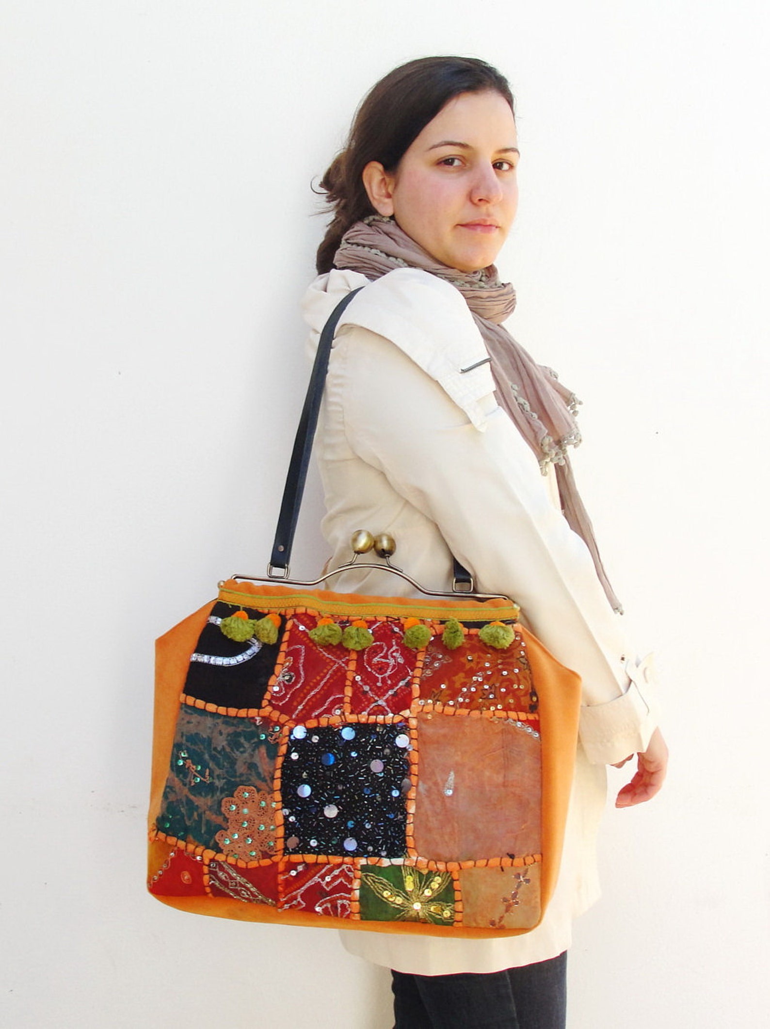Oriental Tangerine Bag - Vintage Sari Embroidery, Kiss-lock, Leather ...