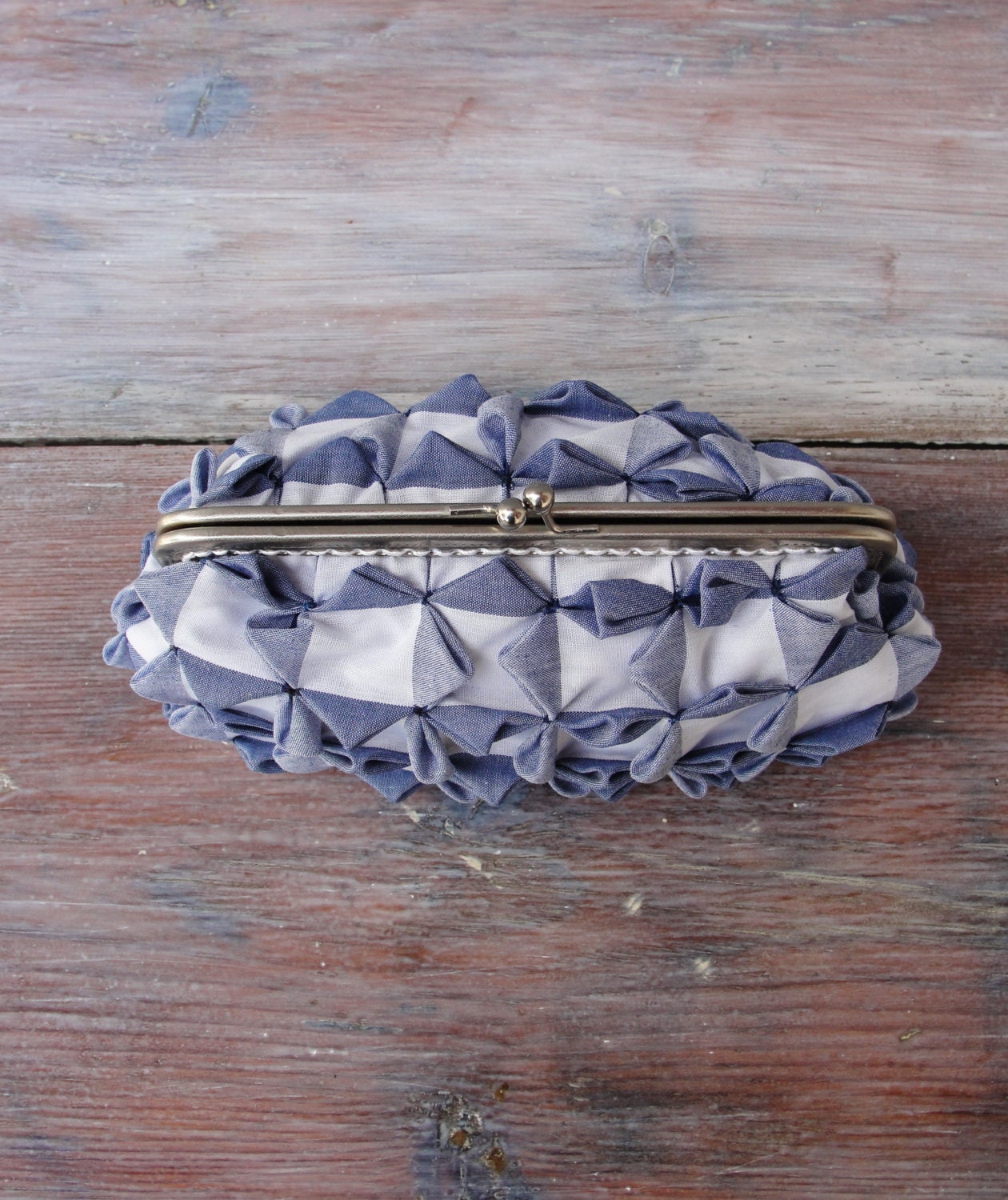 Cubes Clutch Purse - Smocked Gingham Denim Blue and White - Etsy