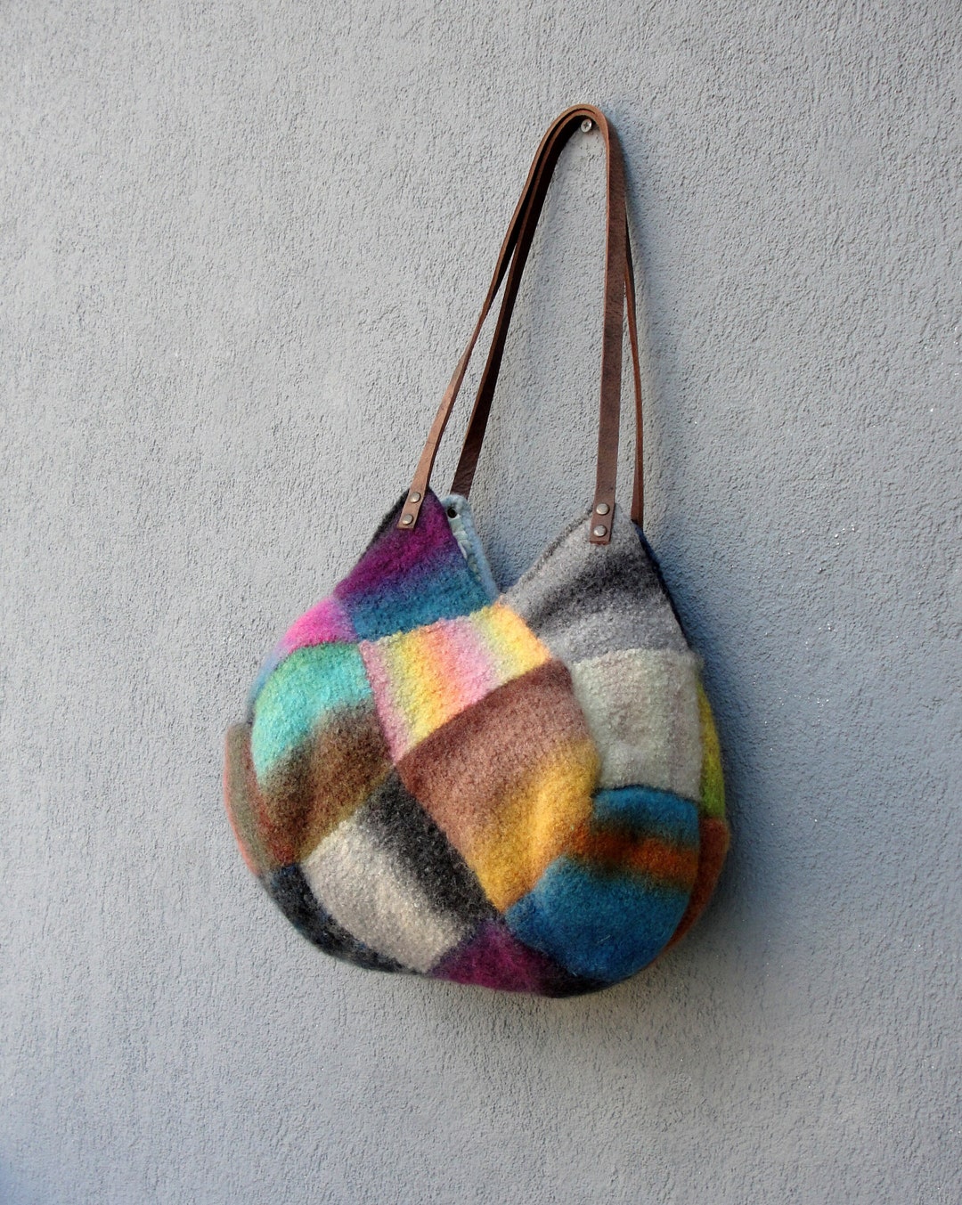 Knitted Felted Wool Bag Ombre Rainbow Checked Felt Purse - Etsy