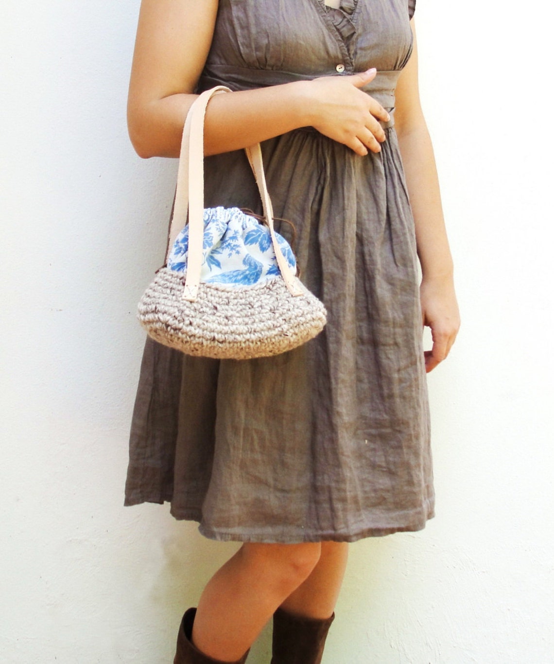 Bird's Nest Bag - Antique Fabric, Leather Handles and Crochet - Etsy