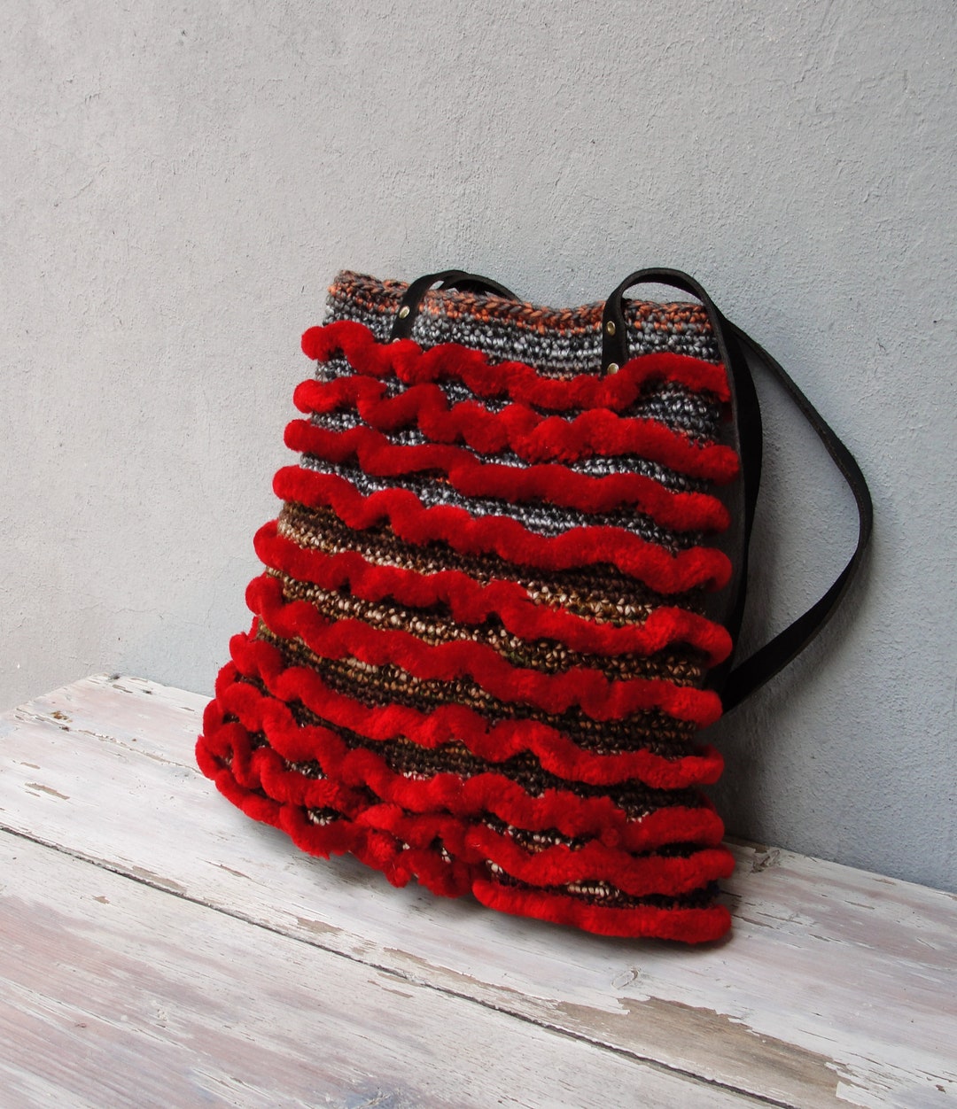 Deep Red Striped Bag, Crochet Bag With Leather Straps, Grey, Black and ...