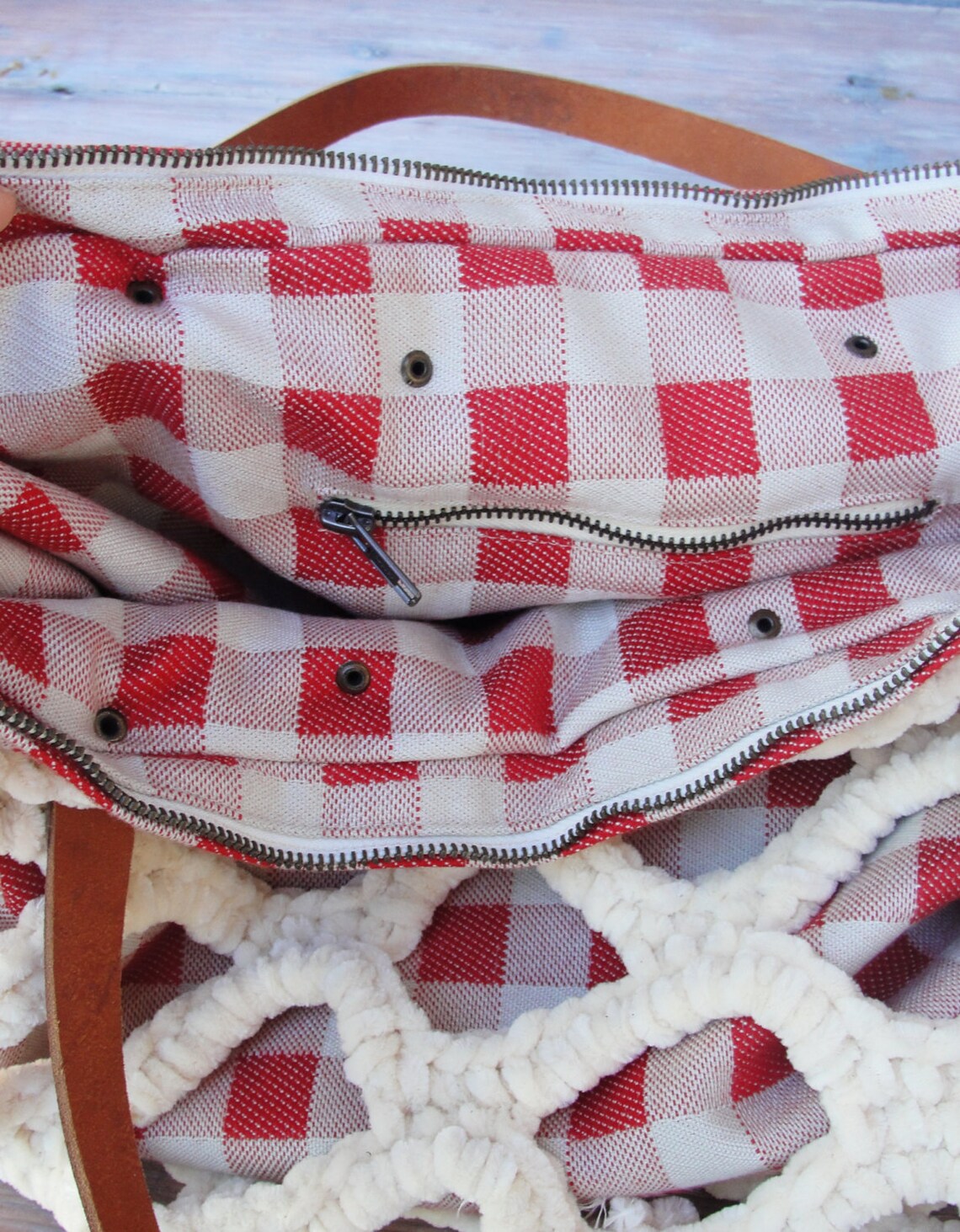 Gingham Crocheted Bag Red and Cream With Leather Straps - Etsy