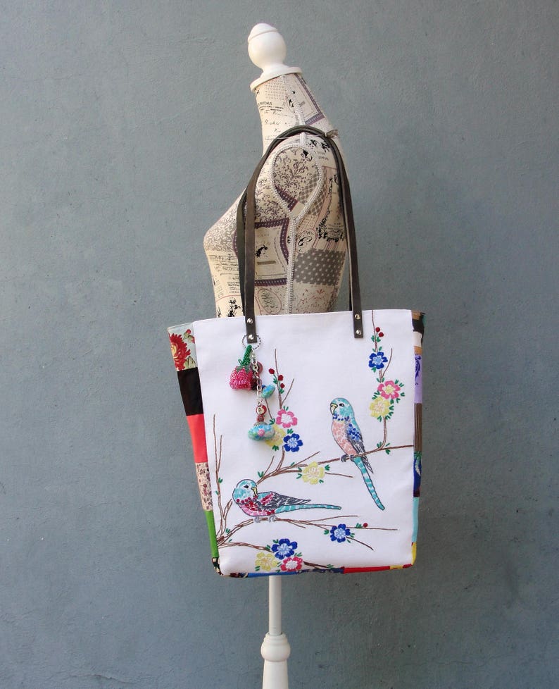 Embroidered Bird Tote Leather Buddy Birds Tote Colorful Bohemian Bag ...