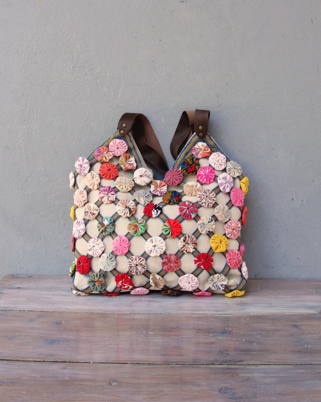 Colorful Flower Bag, Hand Folded and Sewn Flowers, Leather Straps - Etsy