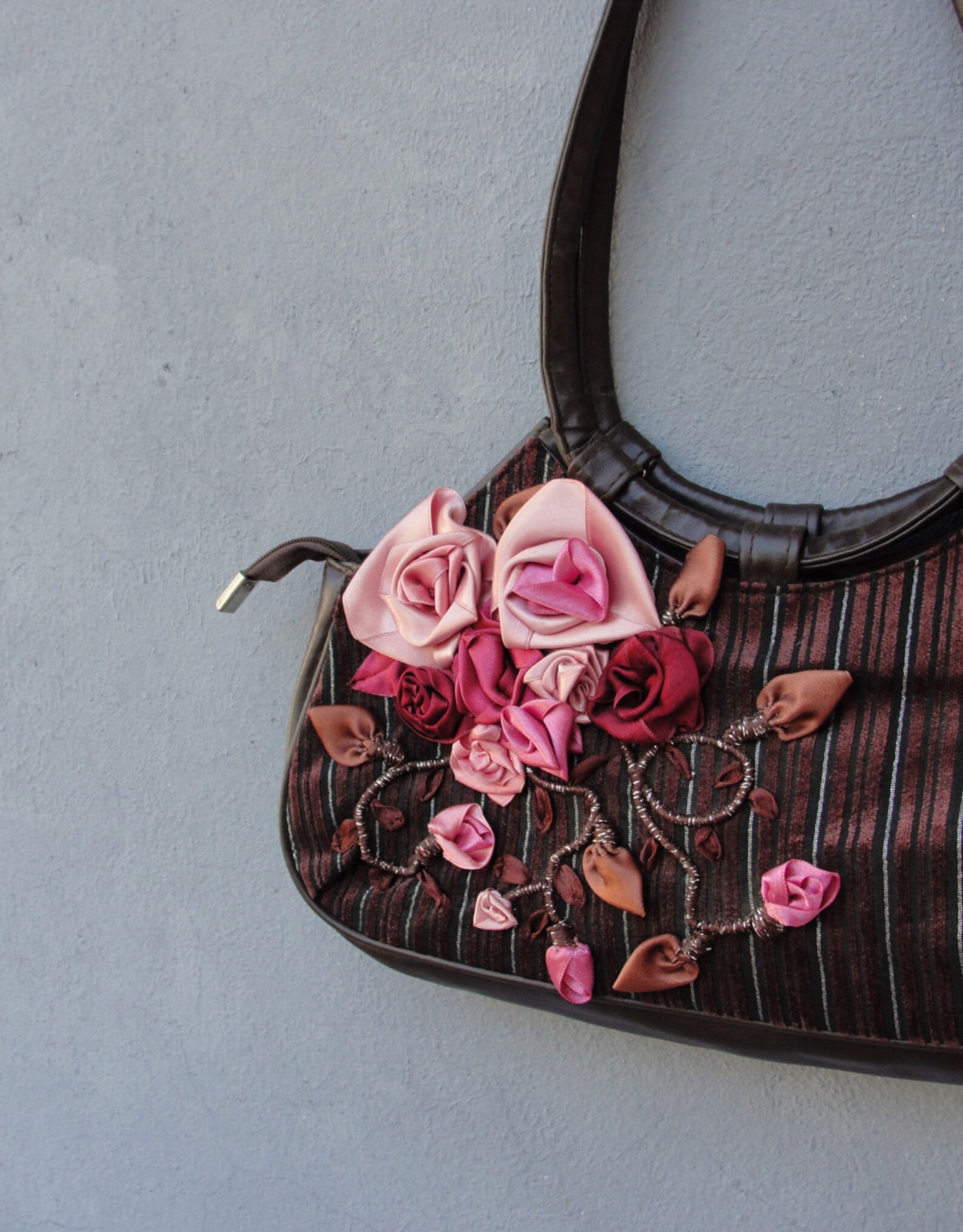 Ribbon Embroidered Shoulder Bag Delicious Browns and Pinks - Etsy