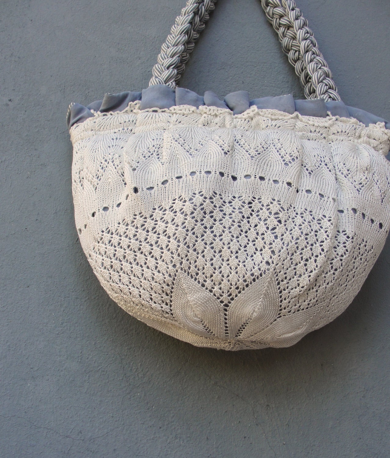 Pleated Doily Bag, Mori Girl Lace Purse, White and Light Blue Striped ...