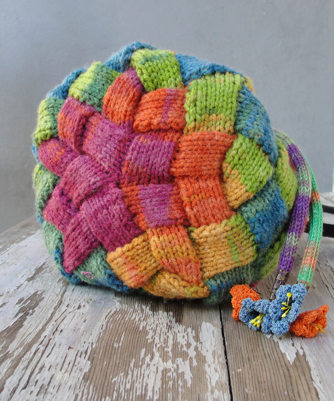 Rainbow Knitted Bag Geometry Pull String Purse, Hand Knitted With ...