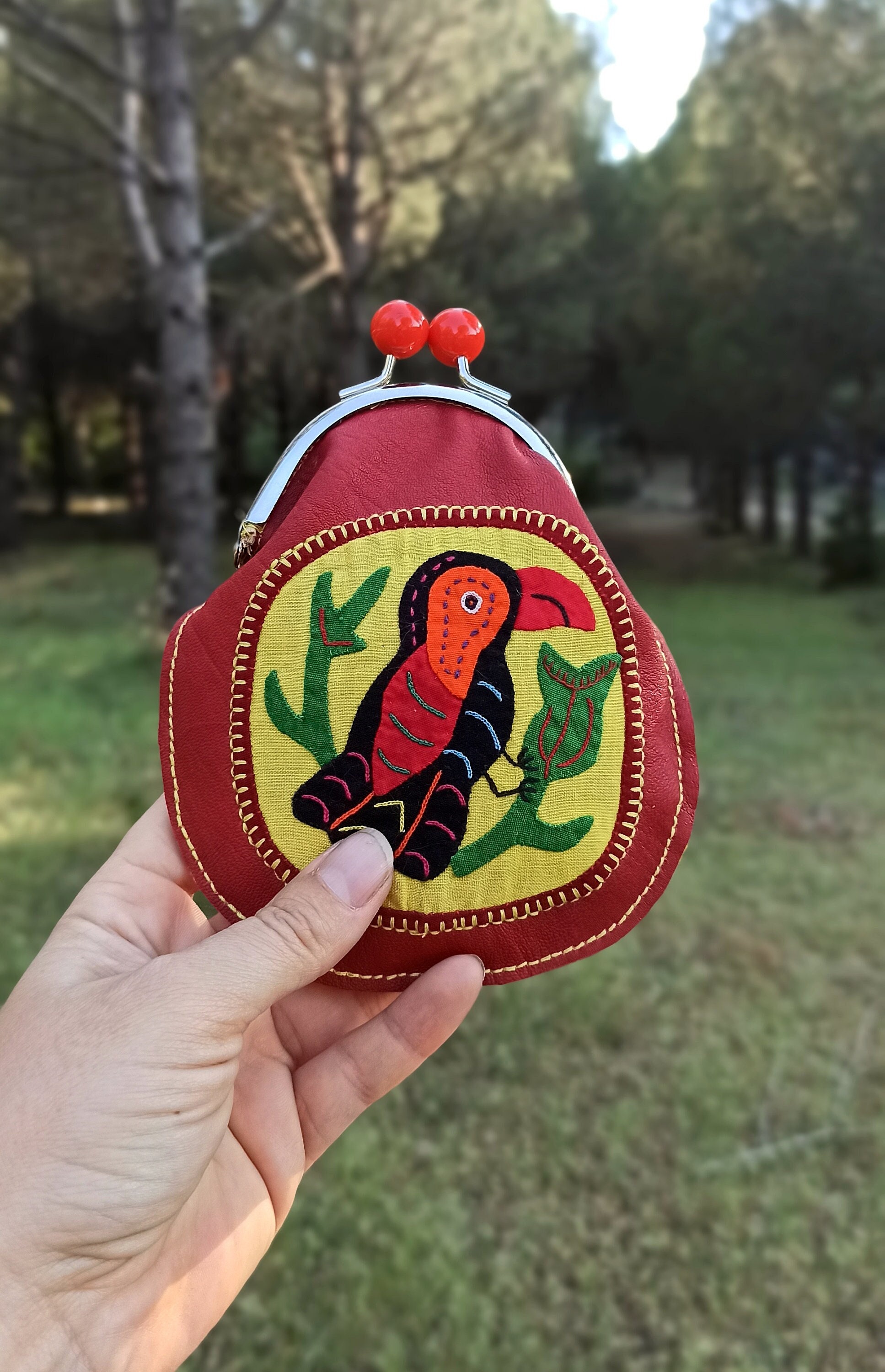 Leather Bird Wallet Kiss Lock Wallet Mola Applique Red Leather - Etsy