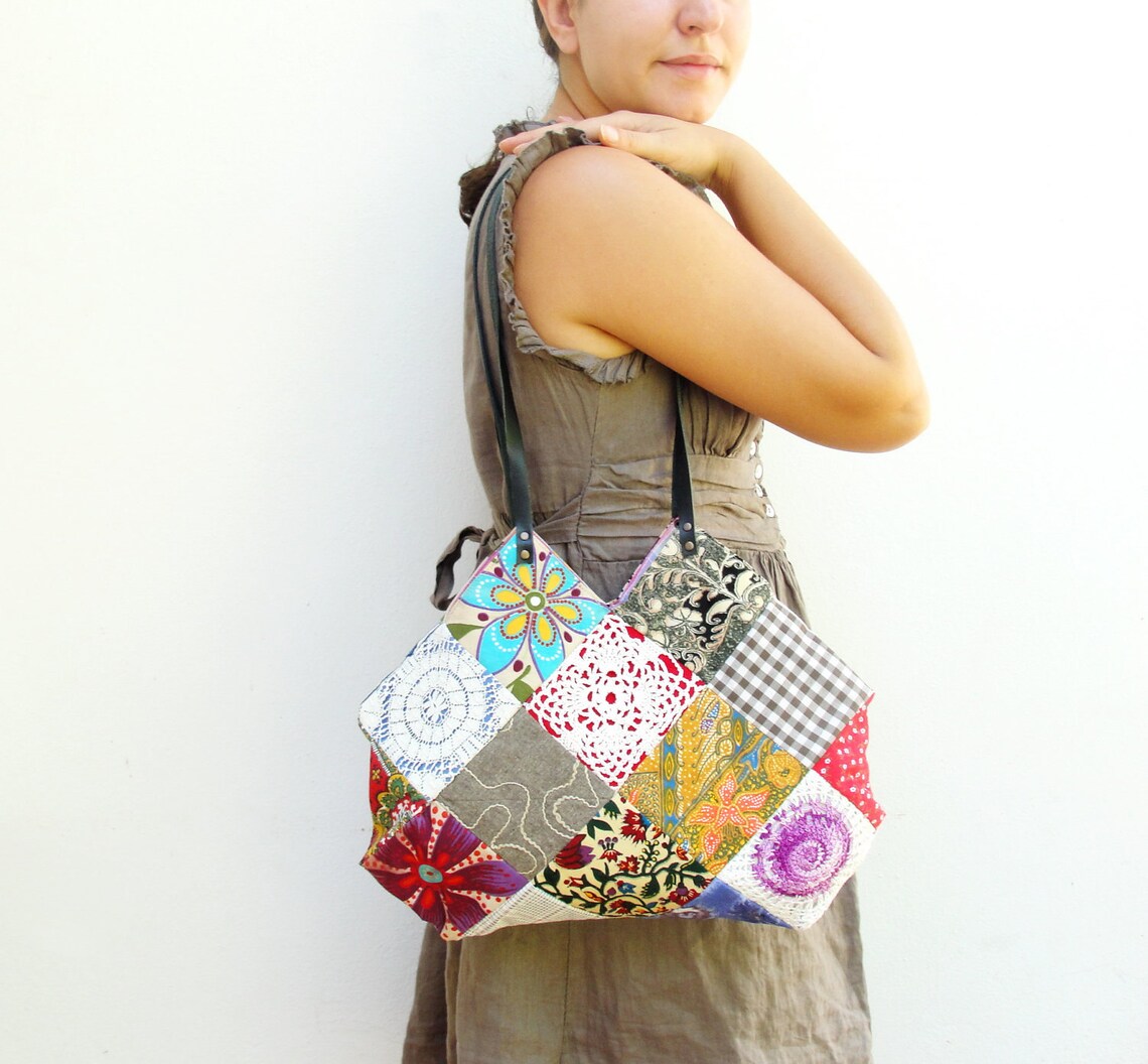 Patched History Bag - Vintage Fabrics and Doilies Patchwork - Etsy