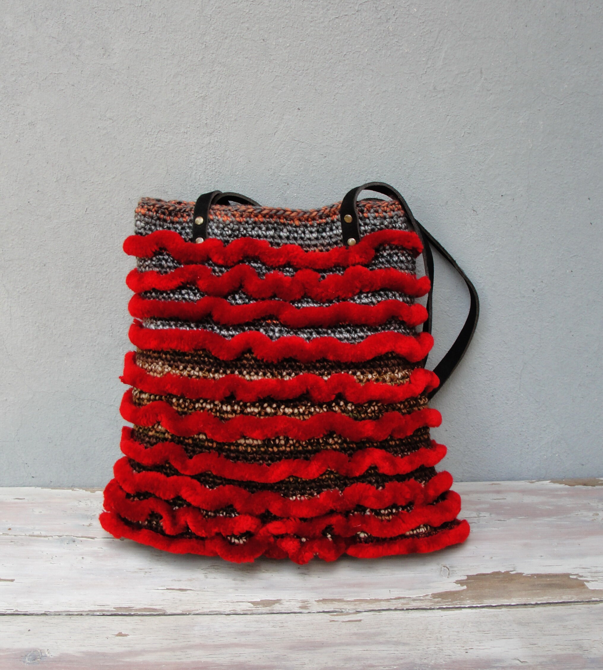 Deep Red Striped Bag, Crochet Bag With Leather Straps, Grey, Black and ...