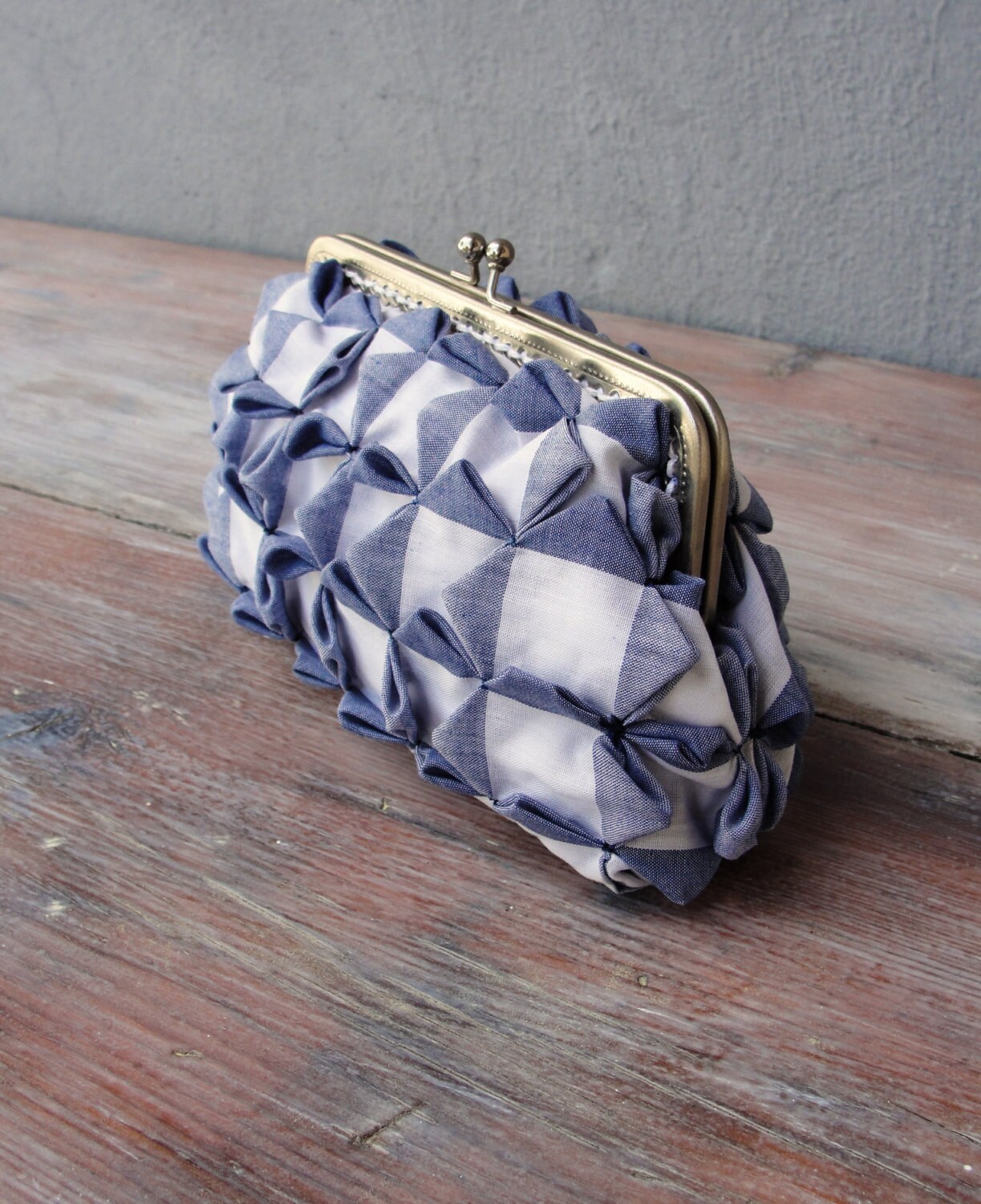 Cubes Clutch Purse - Smocked Gingham Denim Blue and White - Etsy