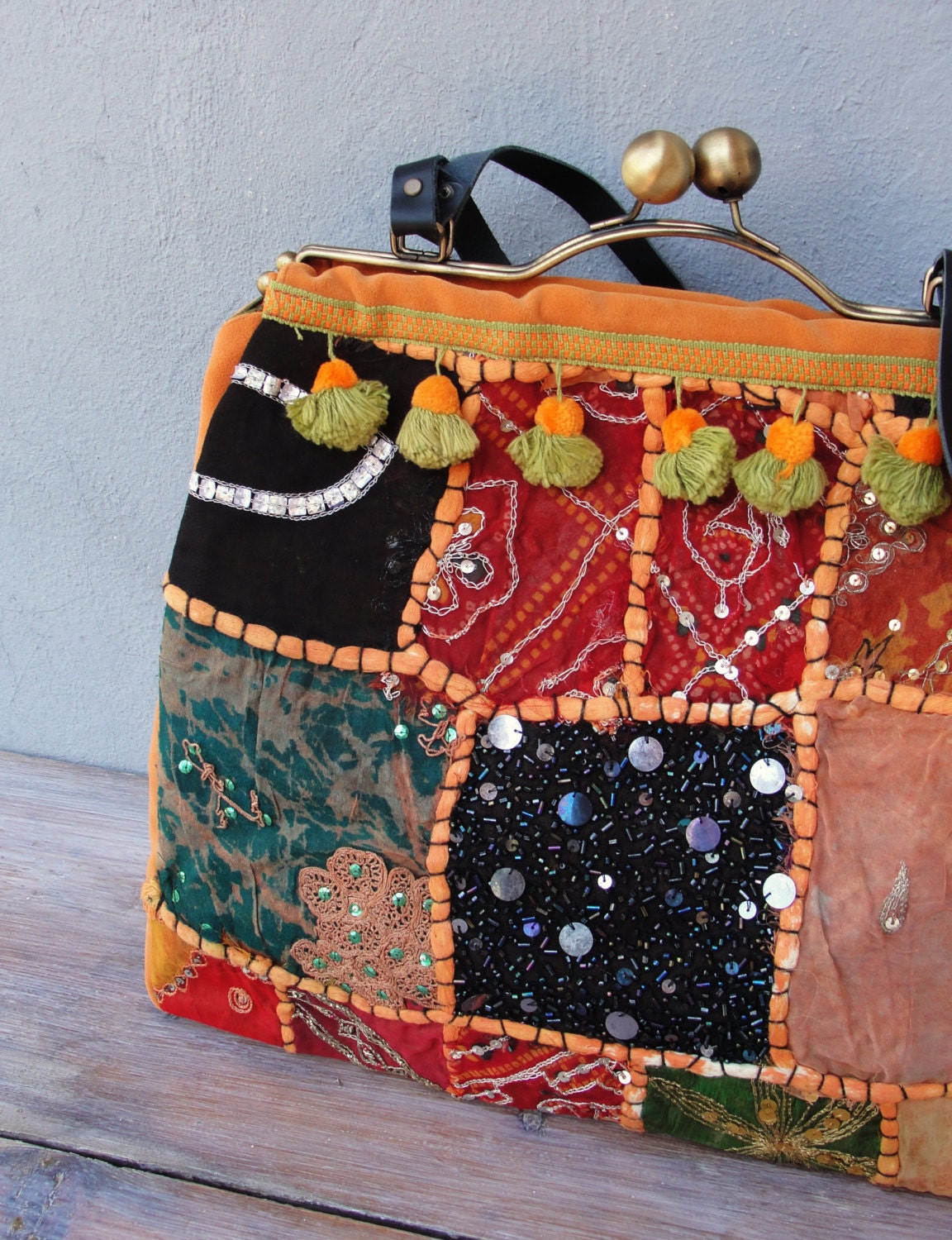 Oriental Tangerine Bag - Vintage Sari Embroidery, Kiss-lock, Leather ...