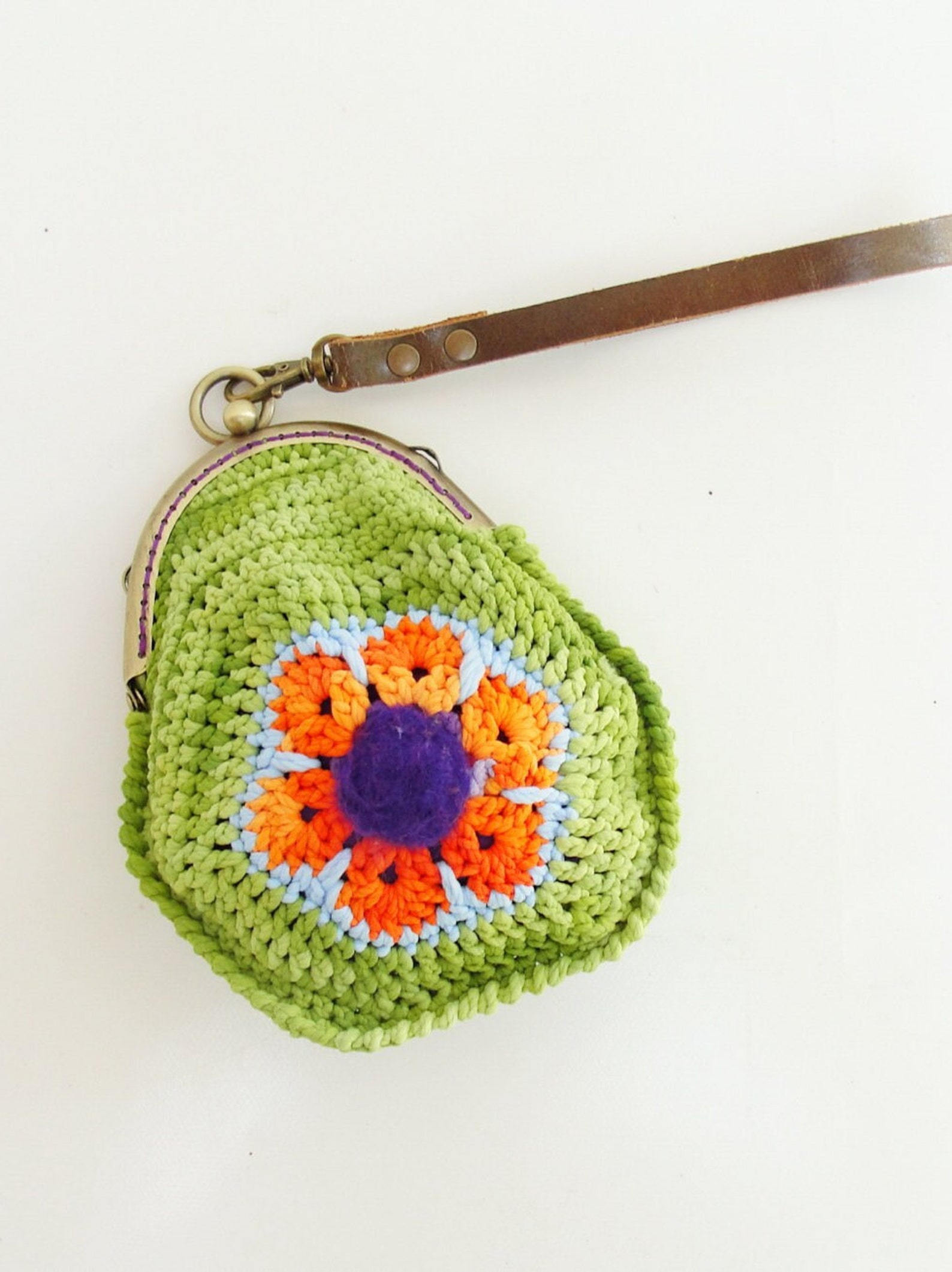 Green Wallet, Flower Power Wallet Pouch Crocheted Purse Hands-free ...