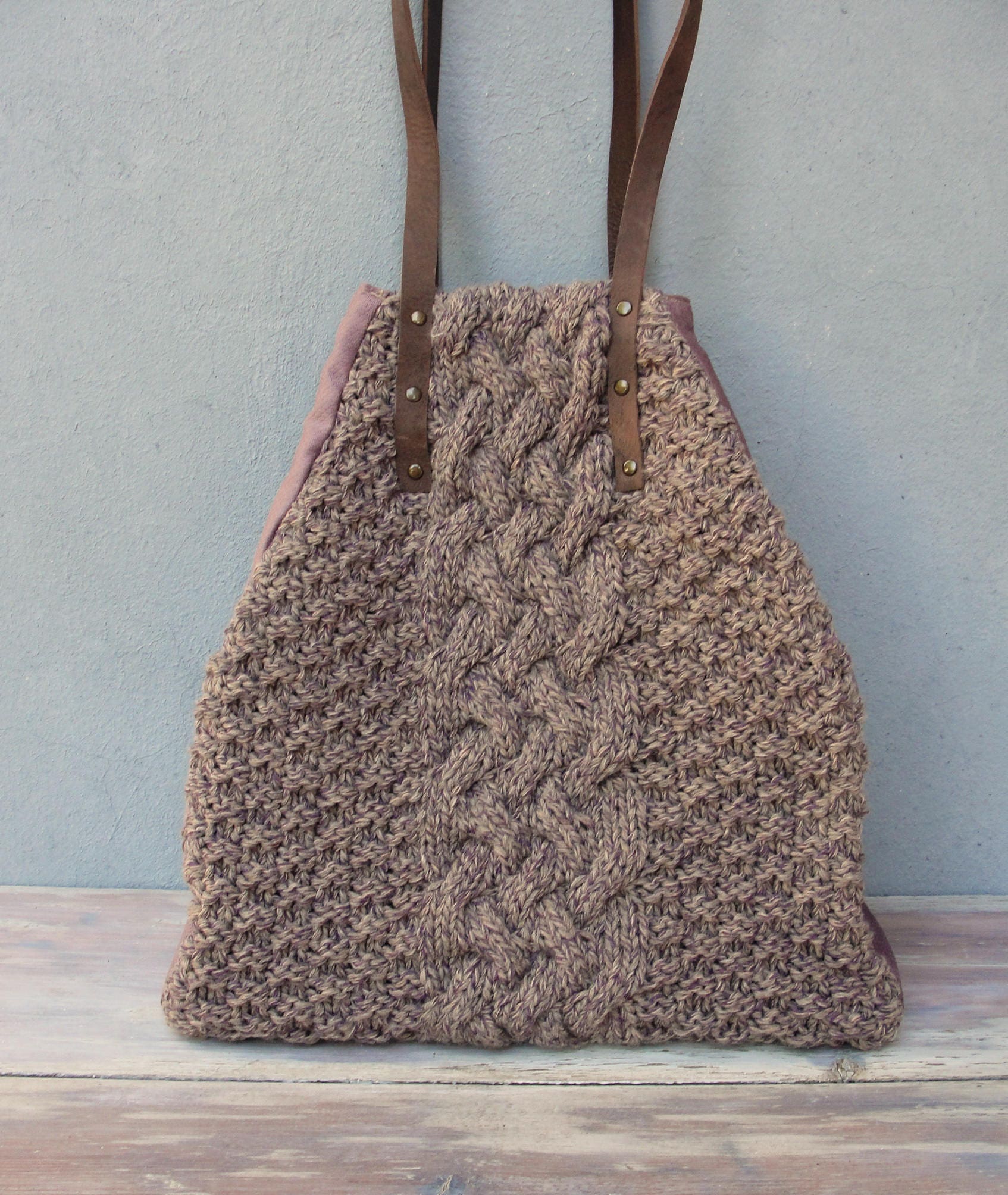 Cable Knit Leather Tote, Large Bohemian Bag With Pompoms - Etsy