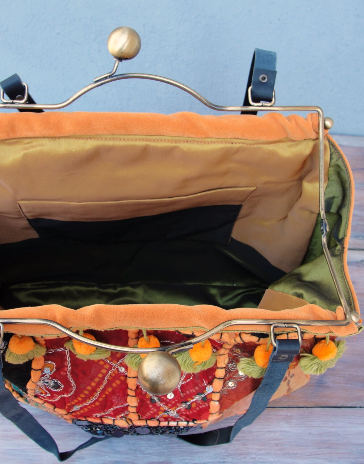 Oriental Tangerine Bag - Vintage Sari Embroidery, Kiss-lock, Leather ...