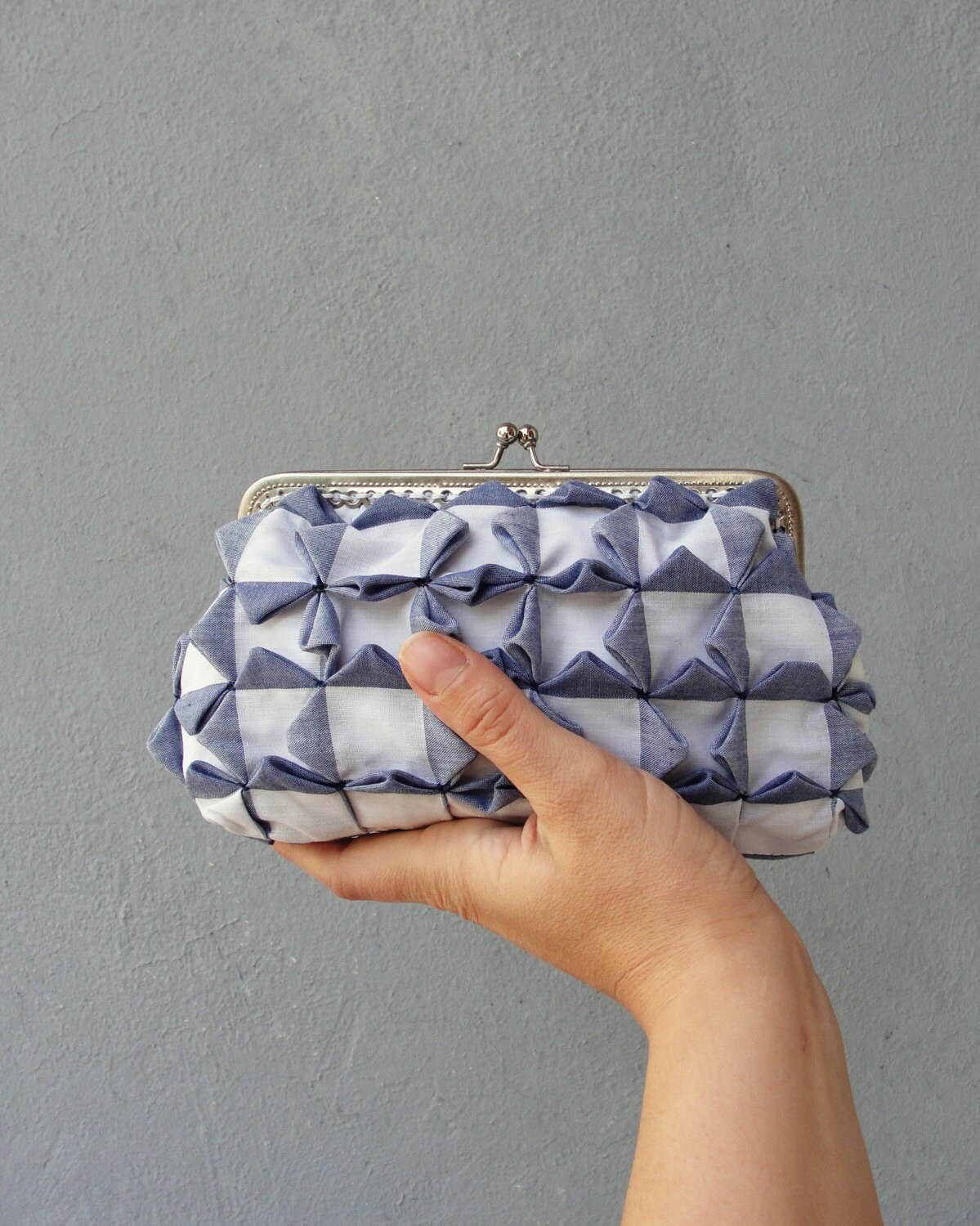 Cubes Clutch Purse - Smocked Gingham Denim Blue and White - Etsy