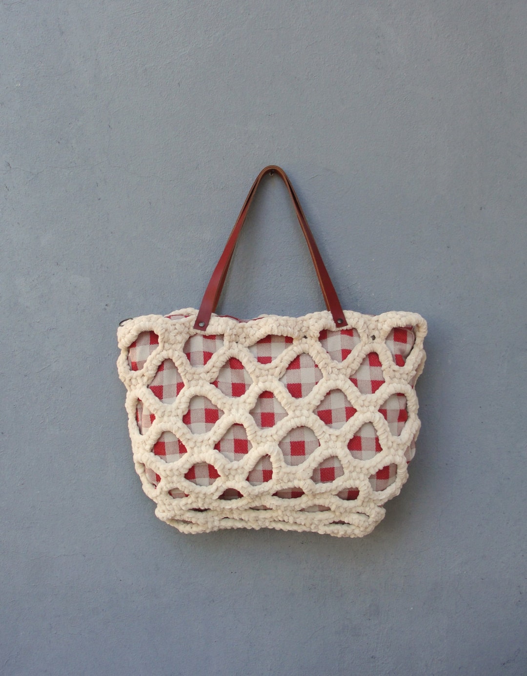 Gingham Crocheted Bag, Red and Cream With Leather Straps, Large ...