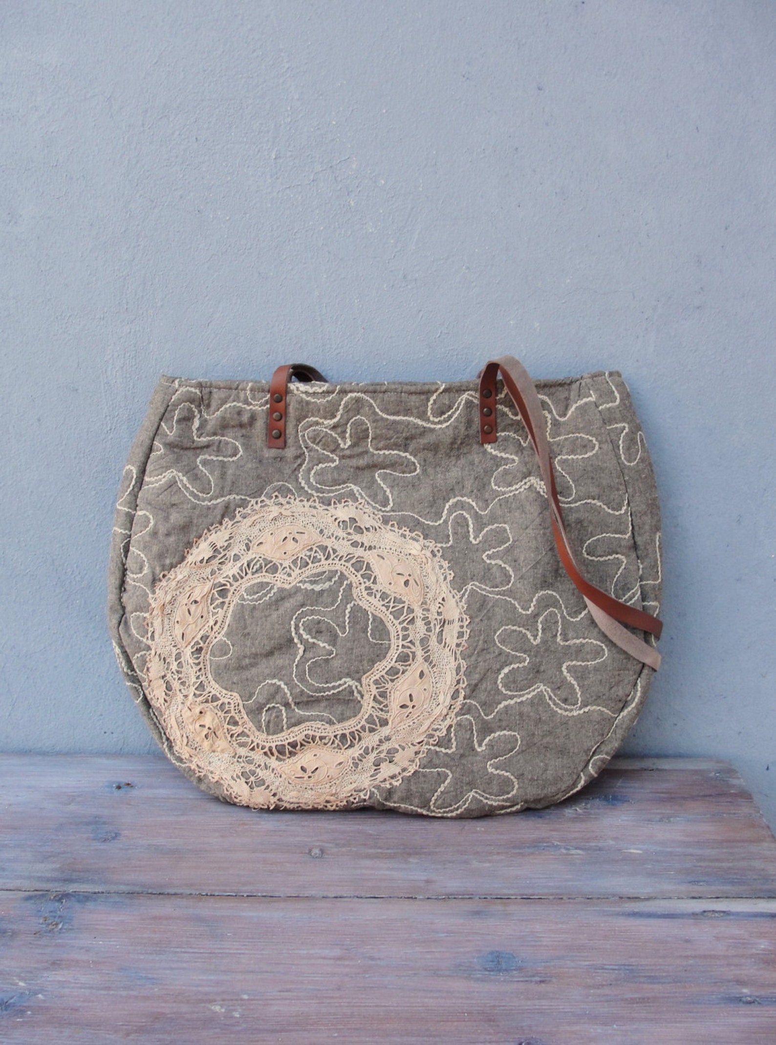 Large Linen Bag With Lace, Linen, Nostalgia, Quilted, Vintage Doily ...