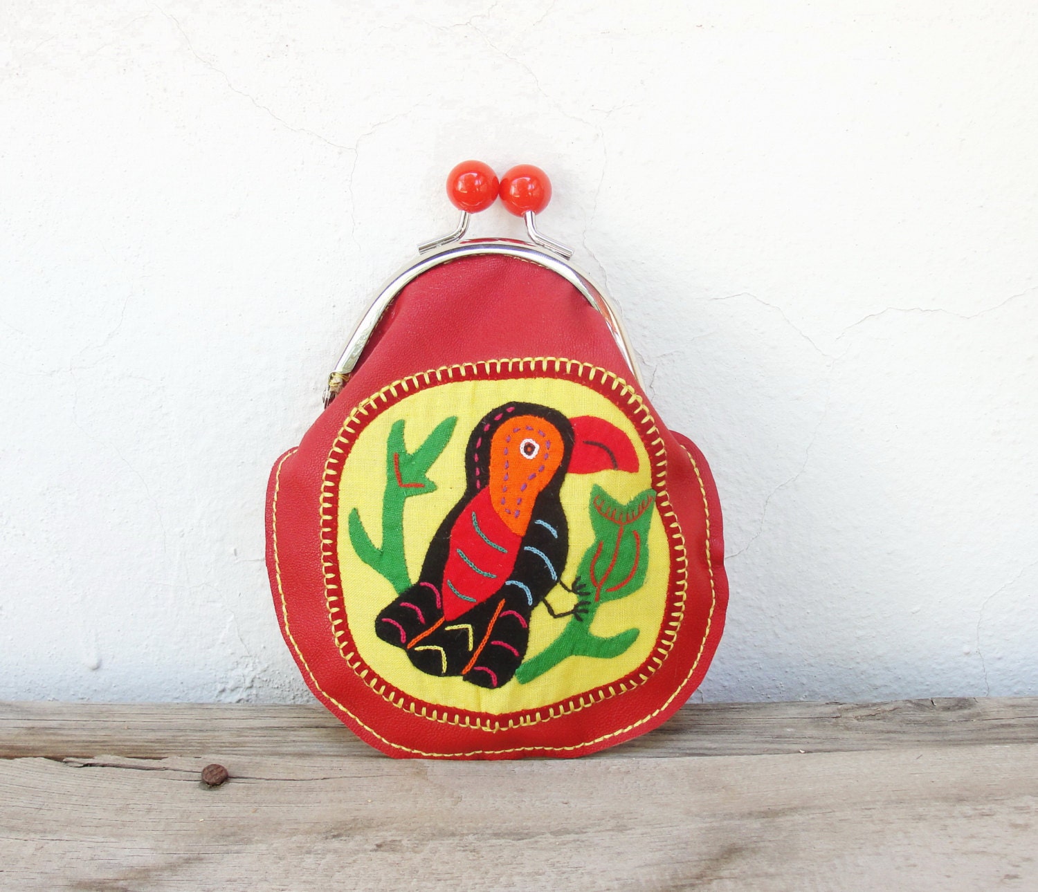 Leather Bird Wallet Kiss Lock Wallet Mola Applique Red Leather - Etsy