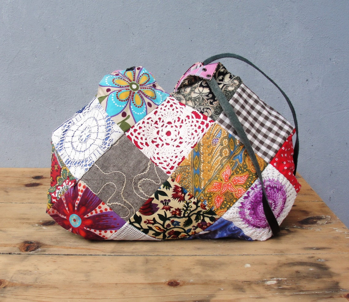 Patched History Bag - Vintage Fabrics and Doilies Patchwork - Etsy