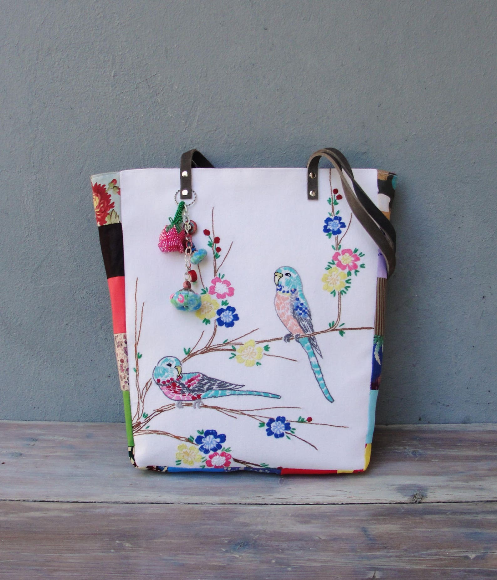 Embroidered Bird Tote Leather Buddy Birds Tote Colorful Bohemian Bag ...