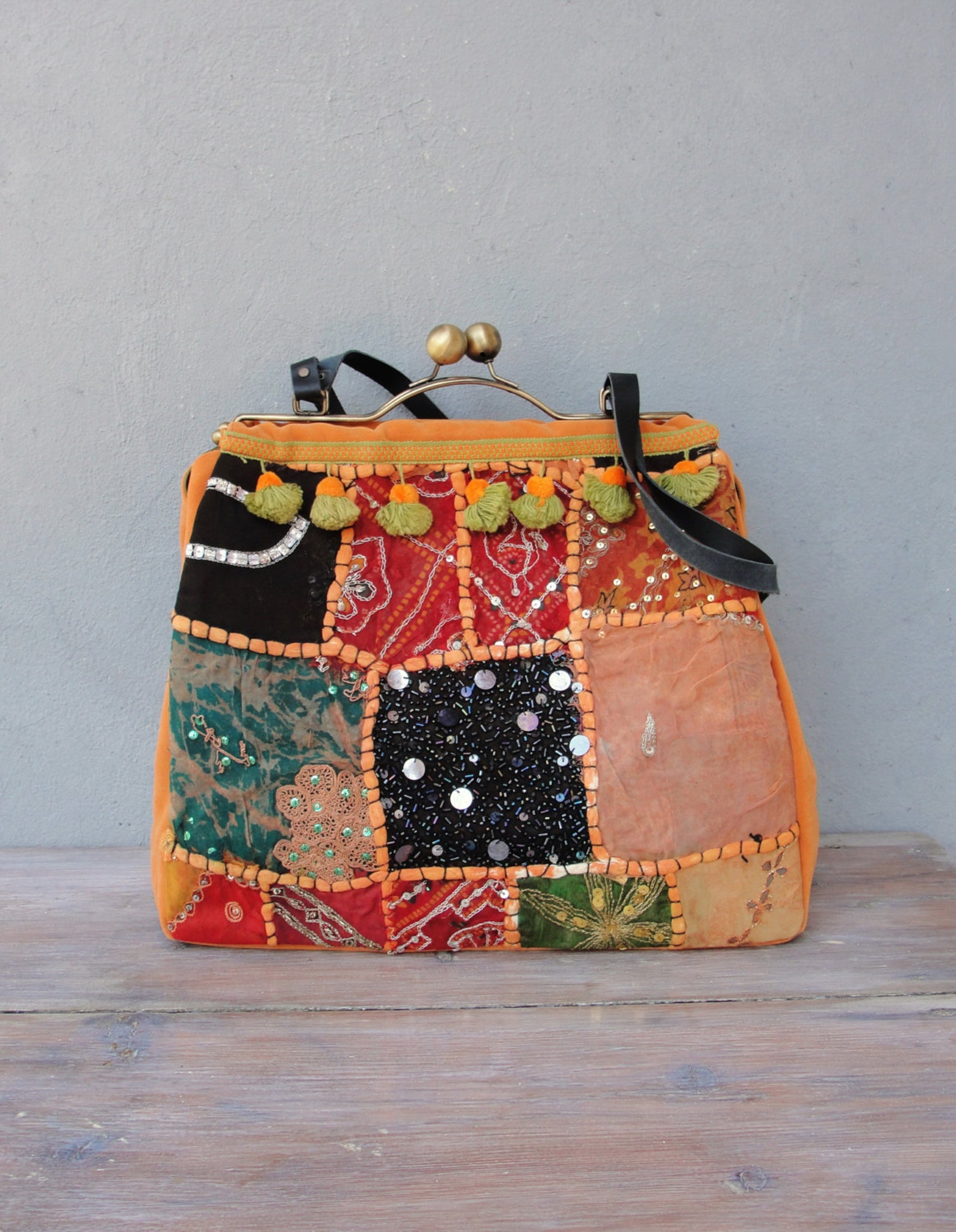 Oriental Tangerine Bag - Vintage Sari Embroidery, Kiss-lock, Leather ...