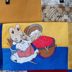 Embroidered Patchwork Tote, Mama Mouse With 3 Baby Mice Leather ...