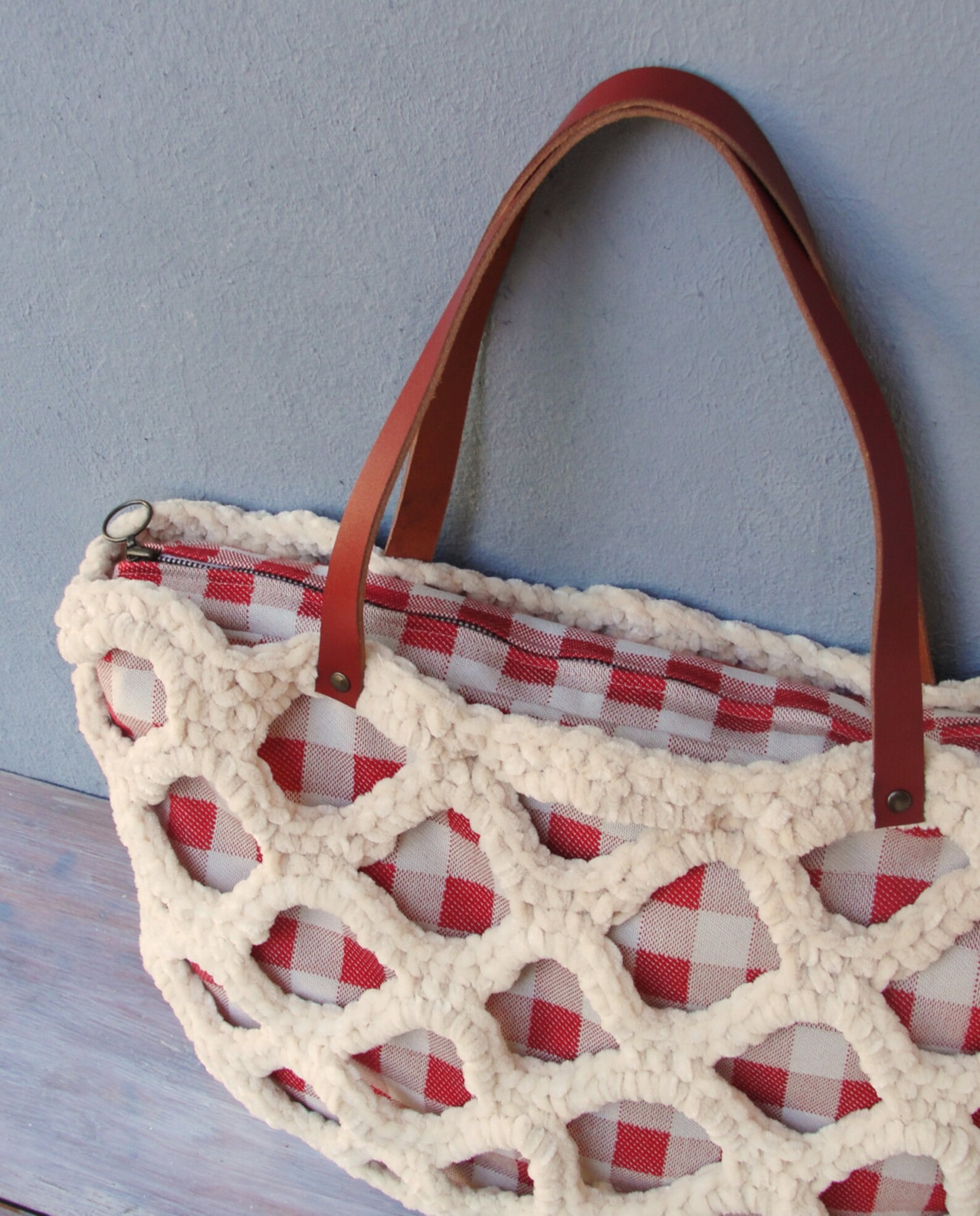 Gingham Crocheted Bag, Red and Cream With Leather Straps, Large ...