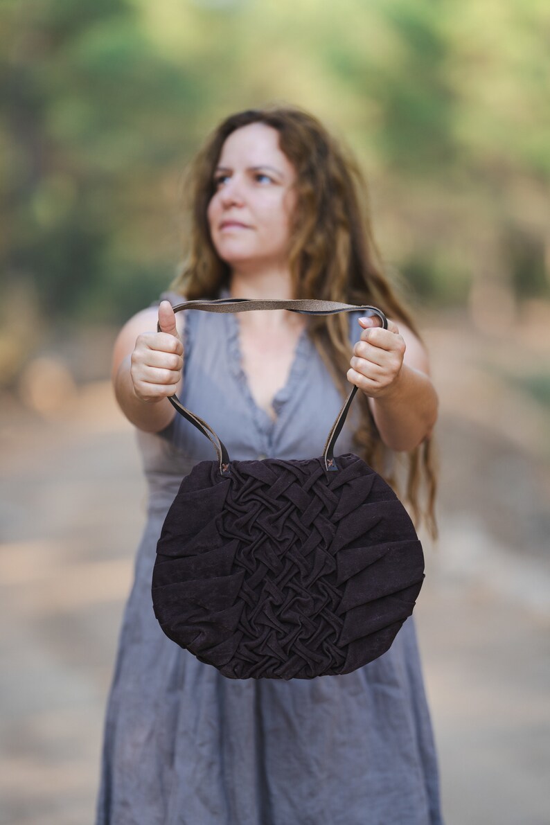 Smocked and Pleated Chocolate Bag, Leather Strap Shoulder Bag - Etsy