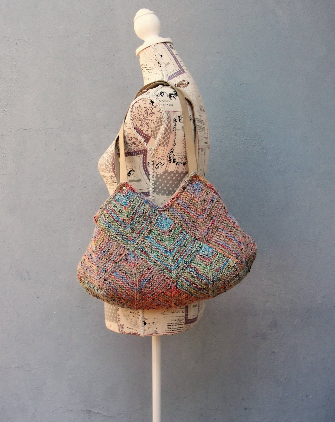 Knitted Pastel Geometric Bag With Leather Straps Blue Green - Etsy