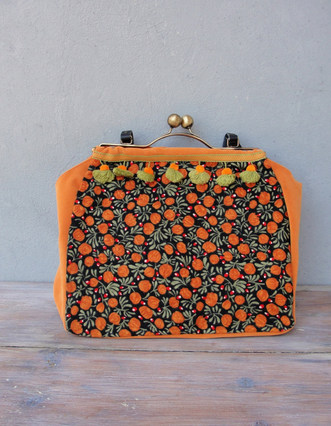 Oriental Tangerine Bag - Vintage Sari Embroidery, Kiss-lock, Leather ...