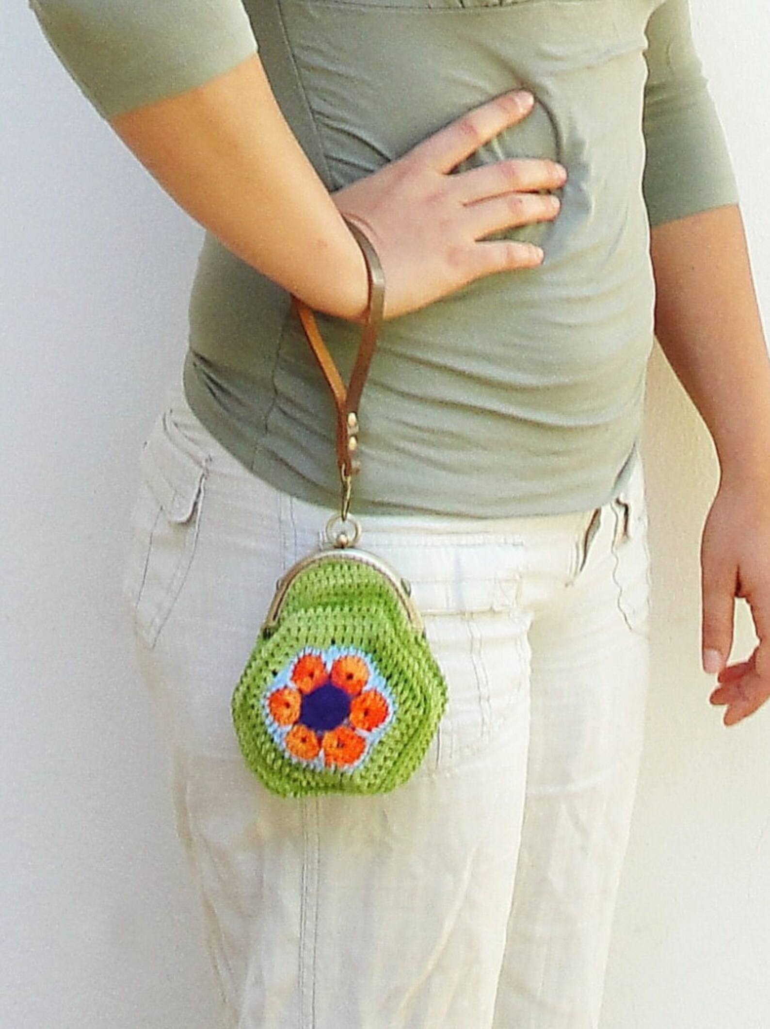 Green Wallet, Flower Power Wallet Pouch Crocheted Purse Hands-free ...