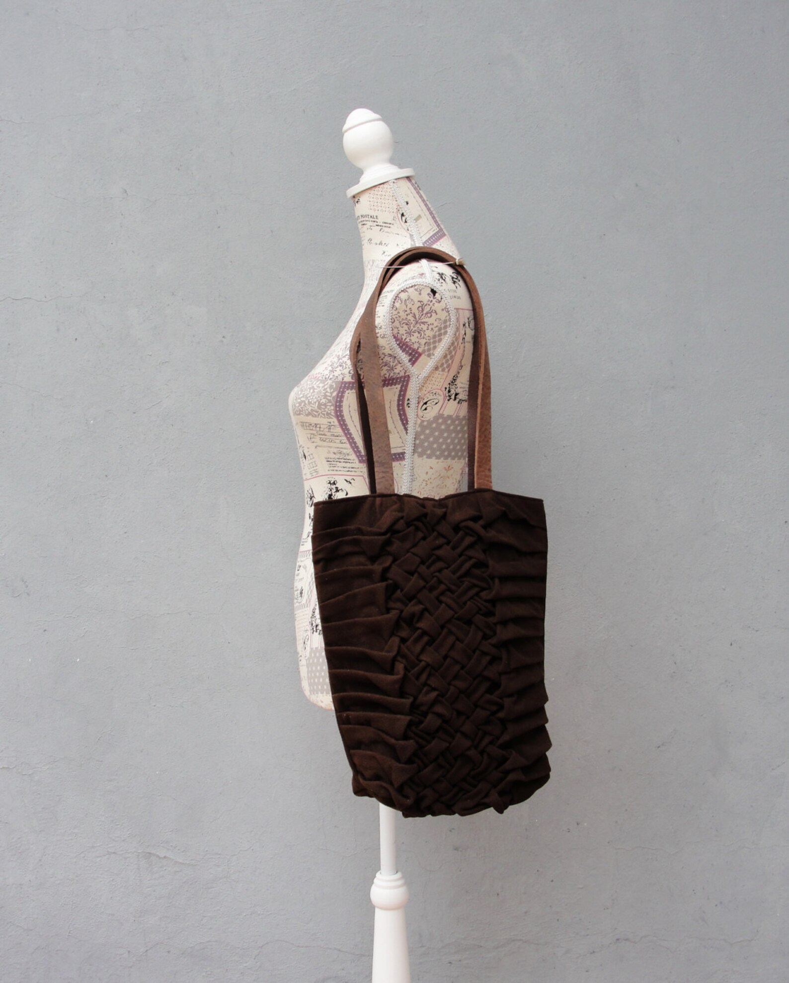 Smocked and Pleated Chocolate Bag, Leather Straps Dark Brown Tote - Etsy