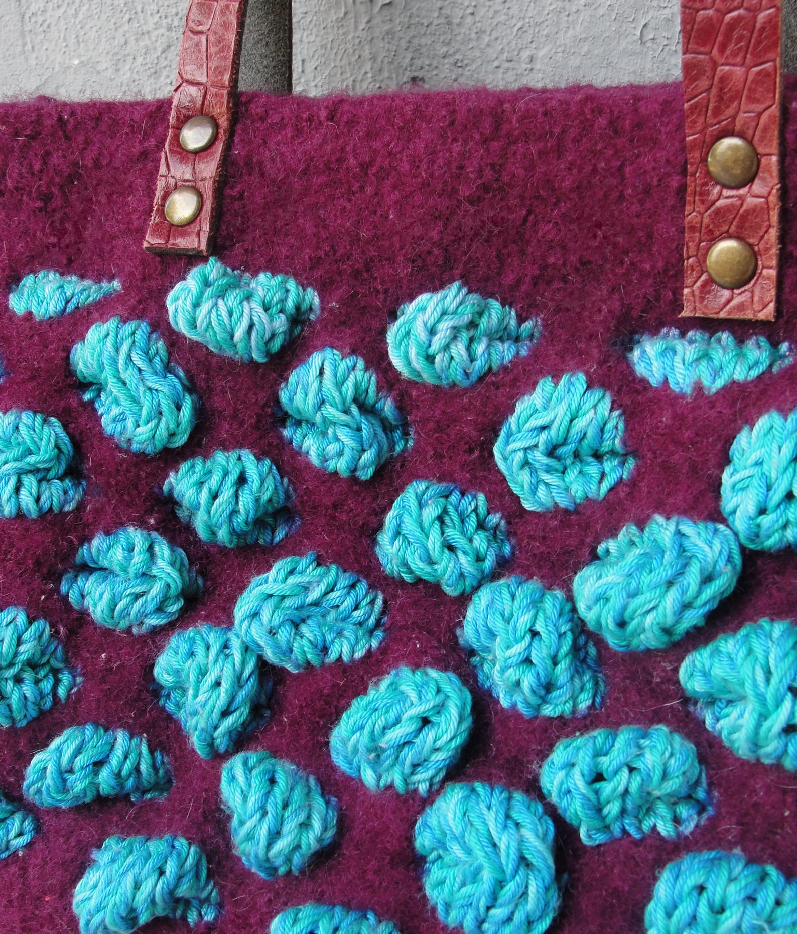 Knitted Felted Wool Bag, Bubble Bag, Purple, Teal, Purse With Leather ...