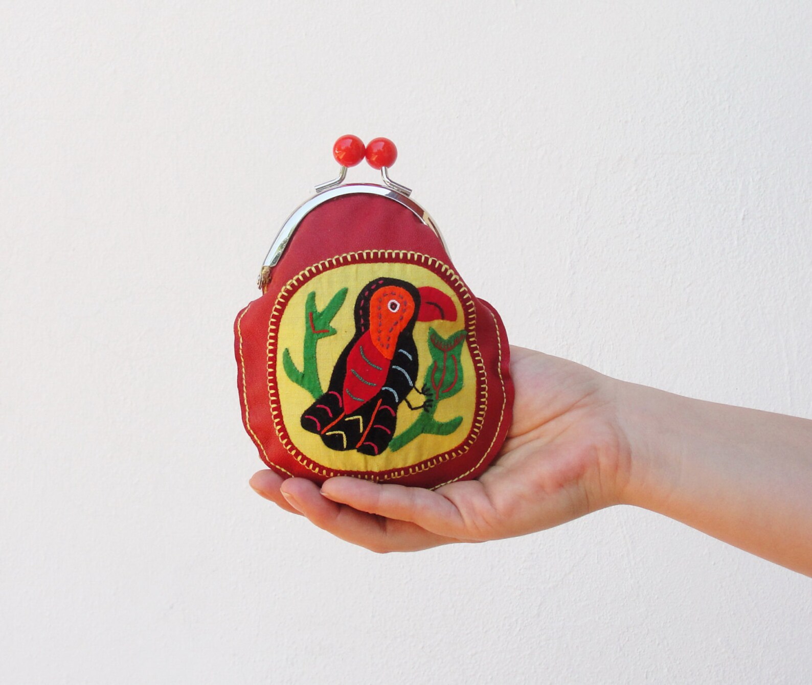 Leather Bird Wallet Kiss Lock Wallet Mola Applique Red Leather - Etsy