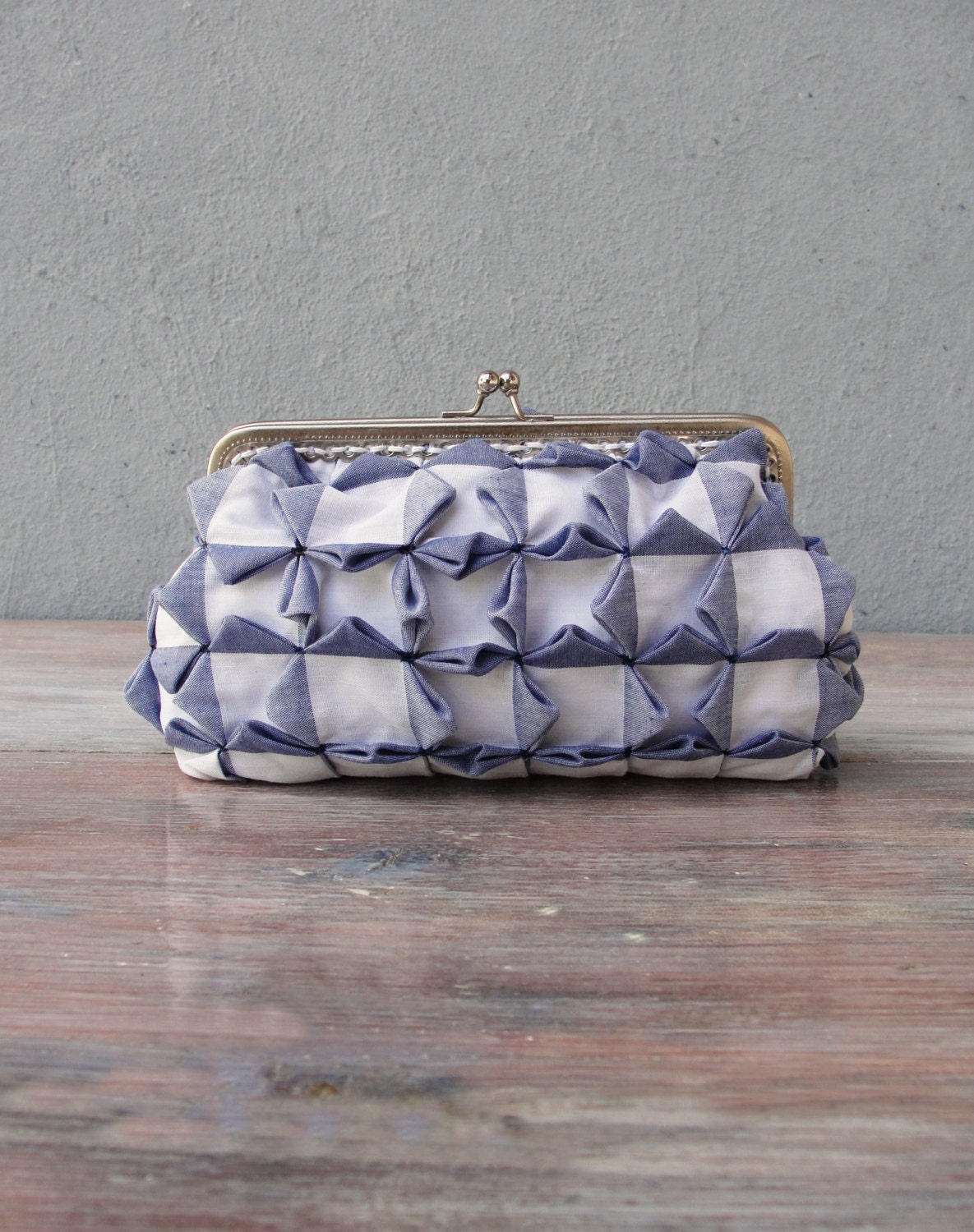 Cubes Clutch Purse - Smocked Gingham Denim Blue and White - Etsy