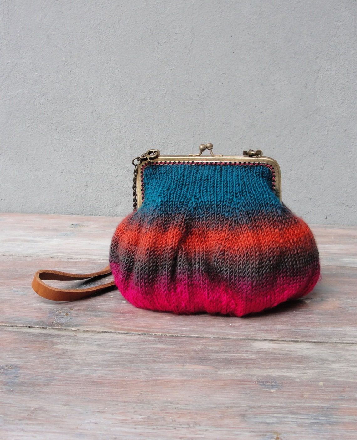 Ombré Rainbow Pouch Clutch Hand Knitted With Chain and Leather Strap - Etsy