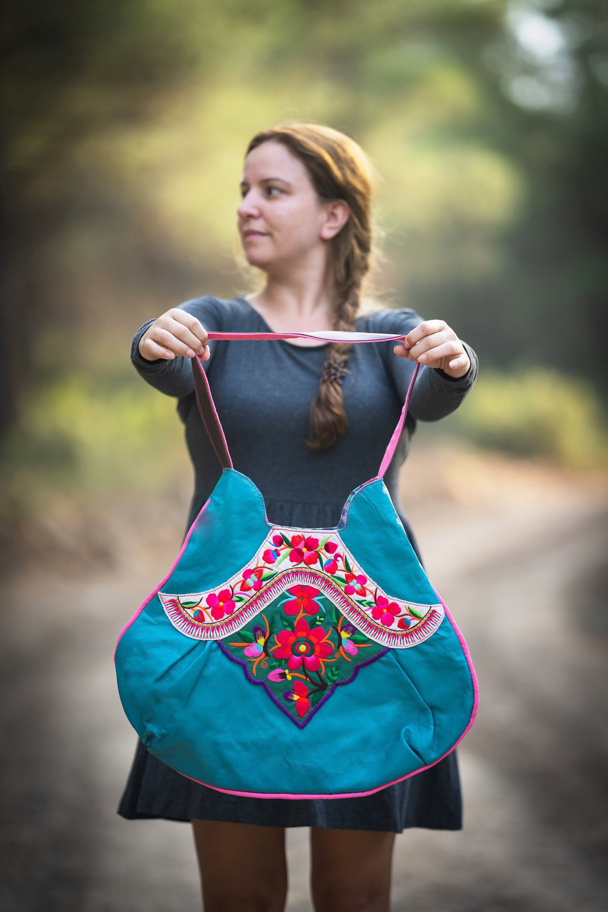 Vintage Embroidery and Leather Bag Large Teal Boho Purse - Etsy