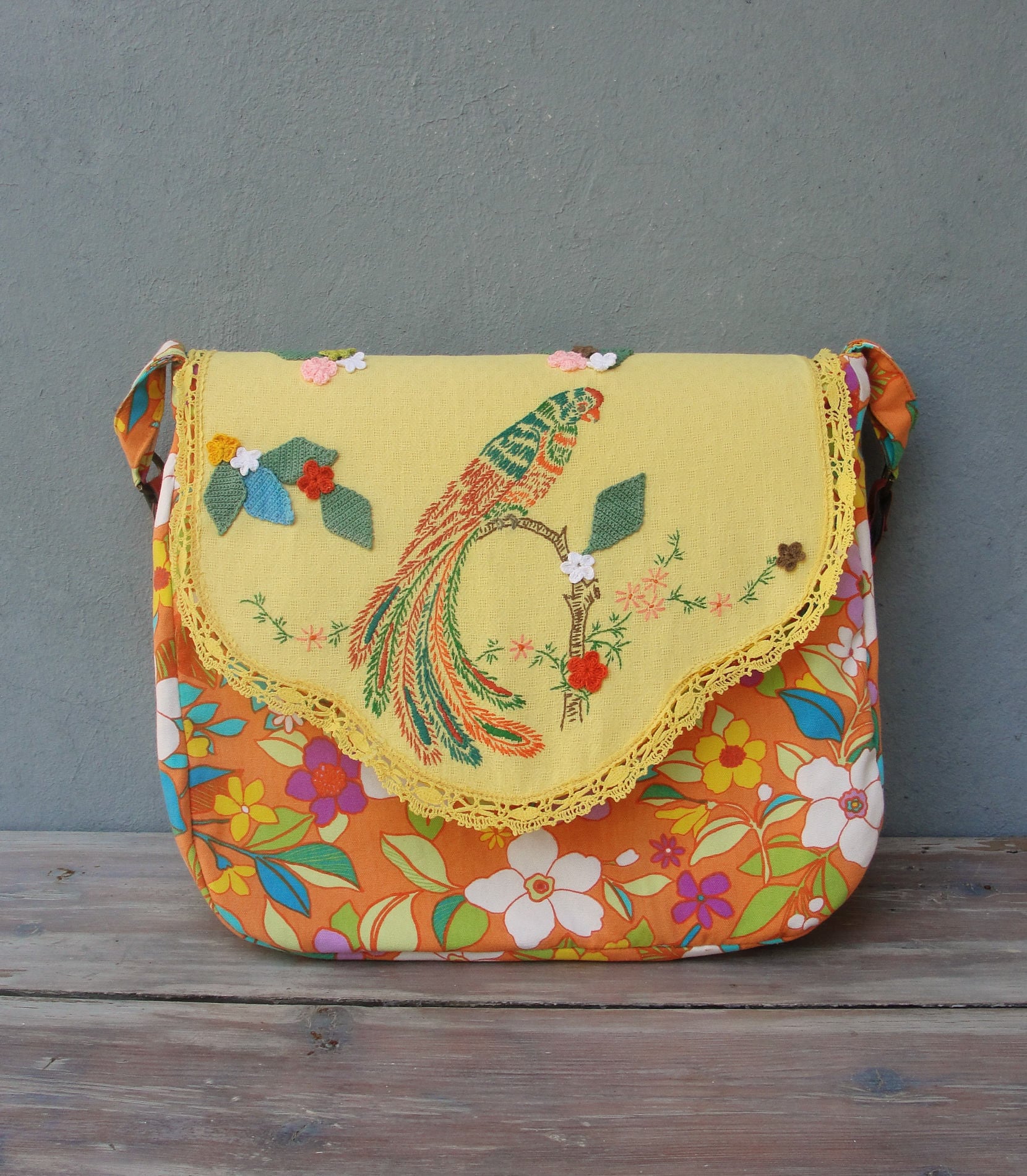 Embroidered Bird Messenger Laptop MacBook Bag Sleeve With Vintage ...