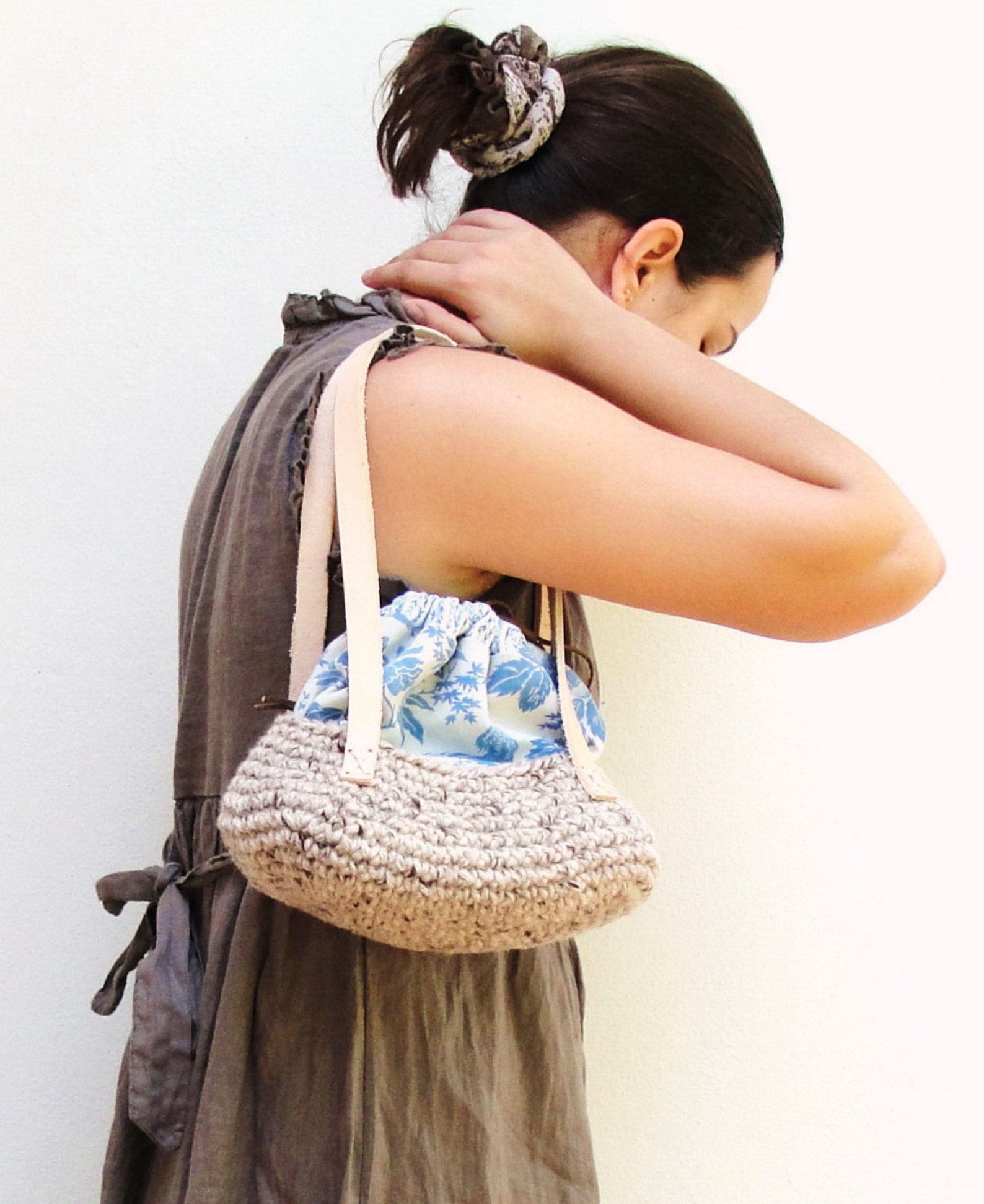Bird's Nest Bag - Antique Fabric, Leather Handles and Crochet - Etsy