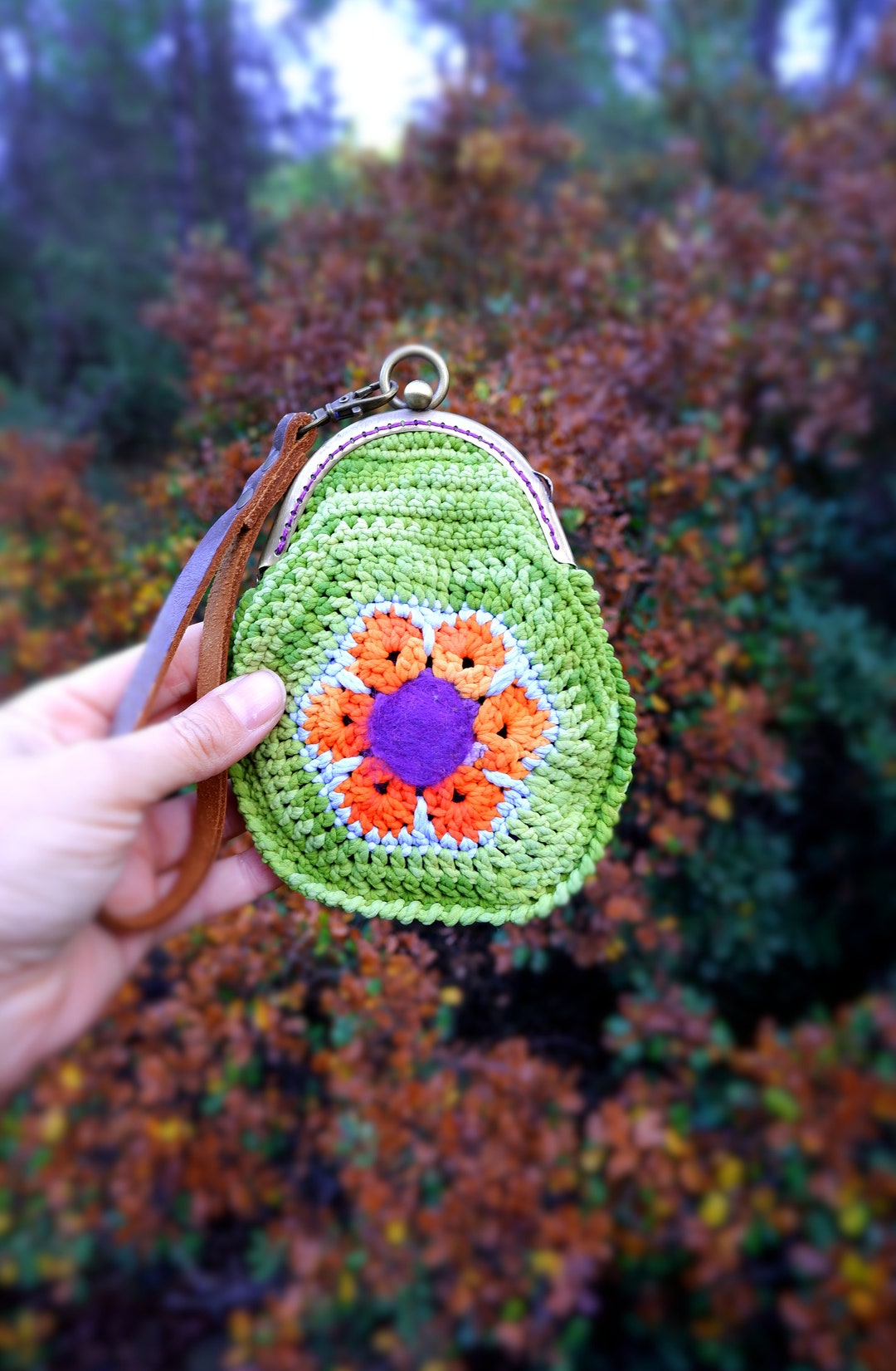 Green Wallet, Flower Power Wallet Pouch Crocheted Purse Hands-free ...