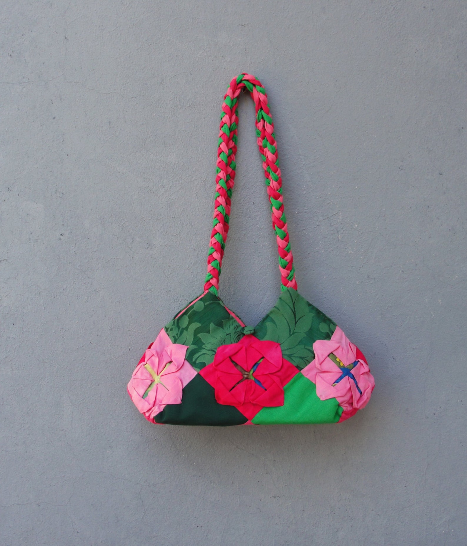 Lotus Flower Bag, Manipulated Vintage Fabric, Green and Pink - Etsy
