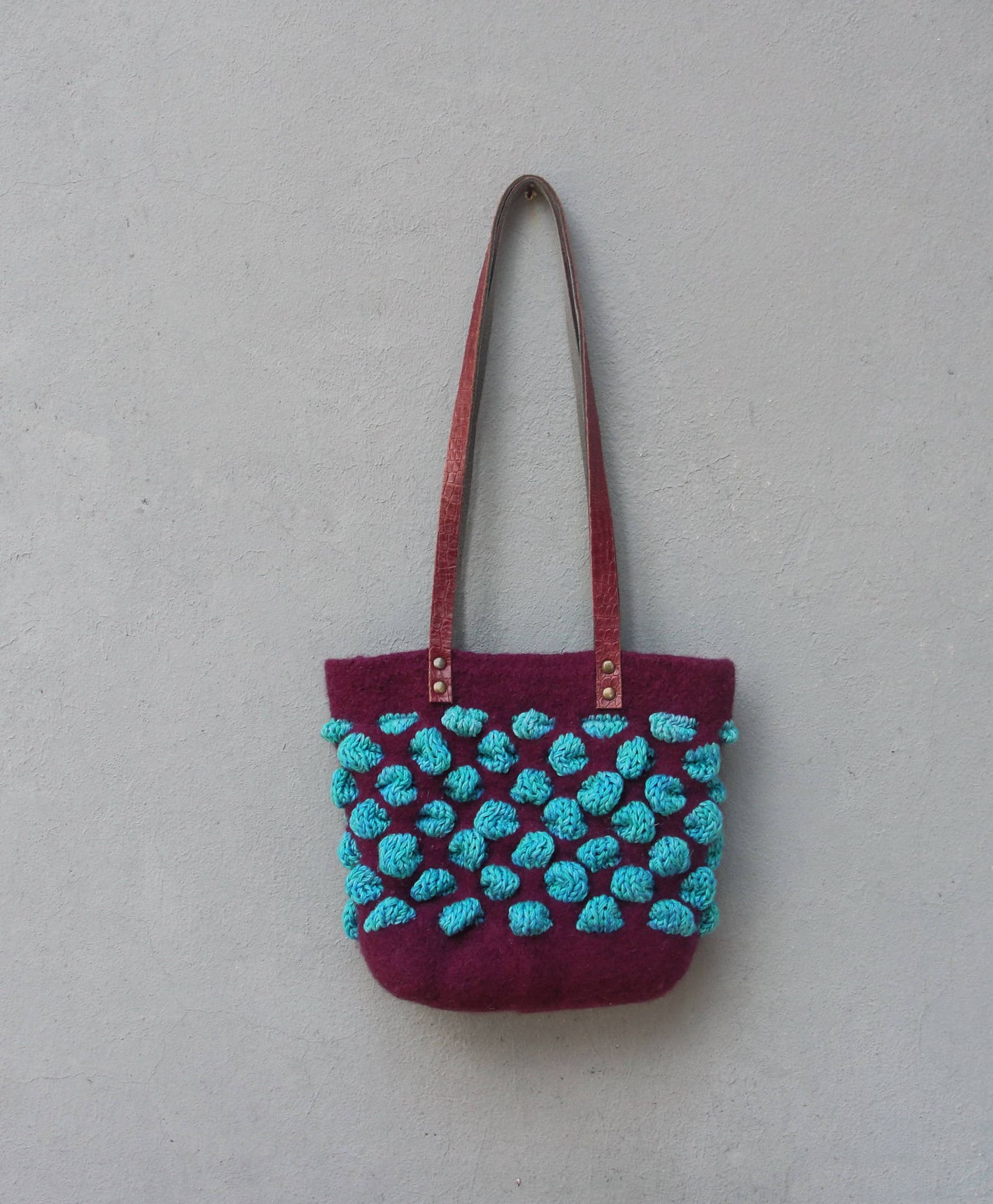 Knitted Felted Wool Bag, Bubble Bag, Purple, Teal, Purse With Leather ...