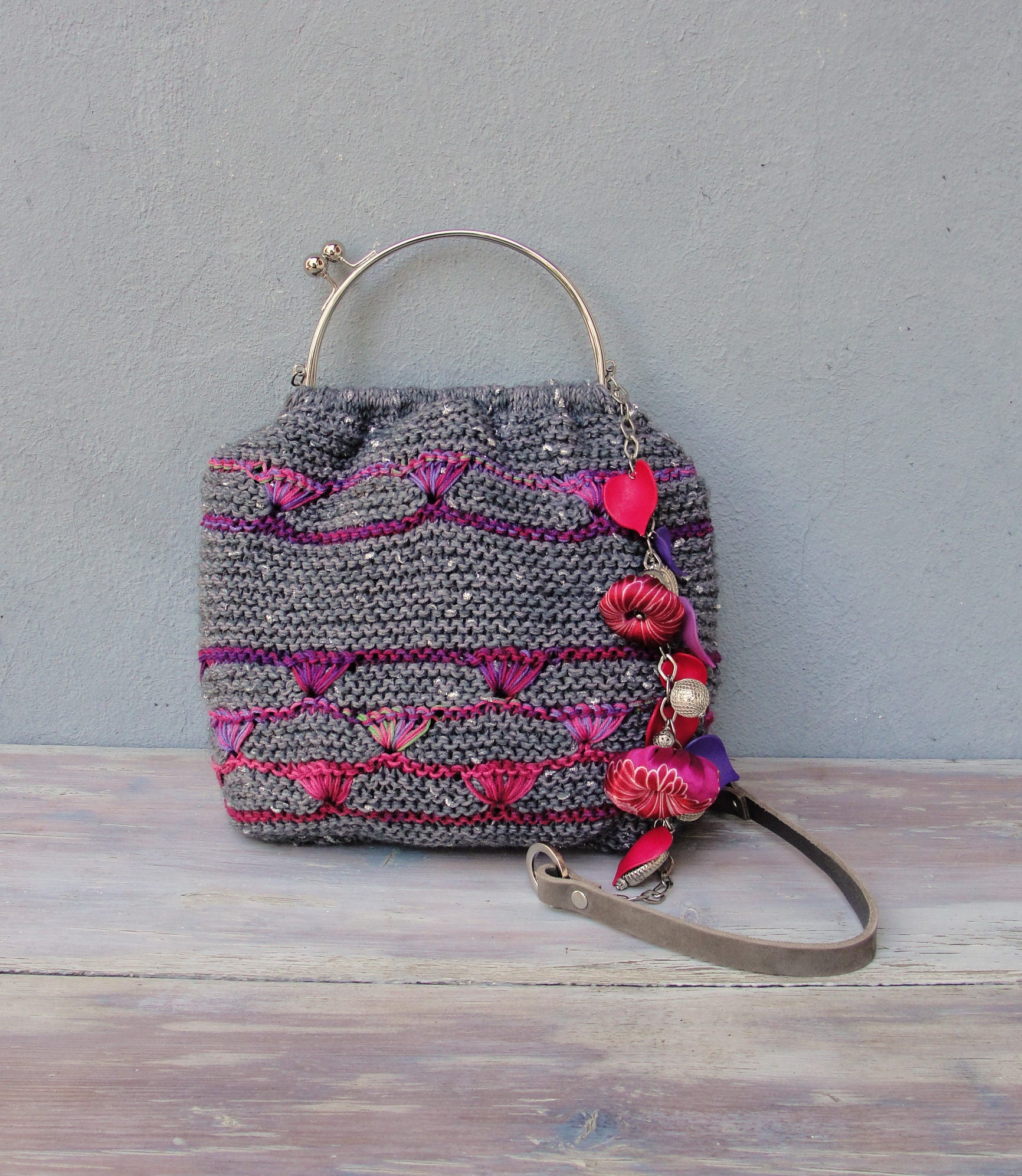 Knitted Gray With Purple Bag Hand Knitted Bohemian Purse - Etsy