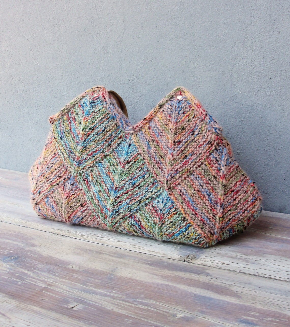 Knitted Pastel Geometric Bag With Leather Straps Blue Green - Etsy