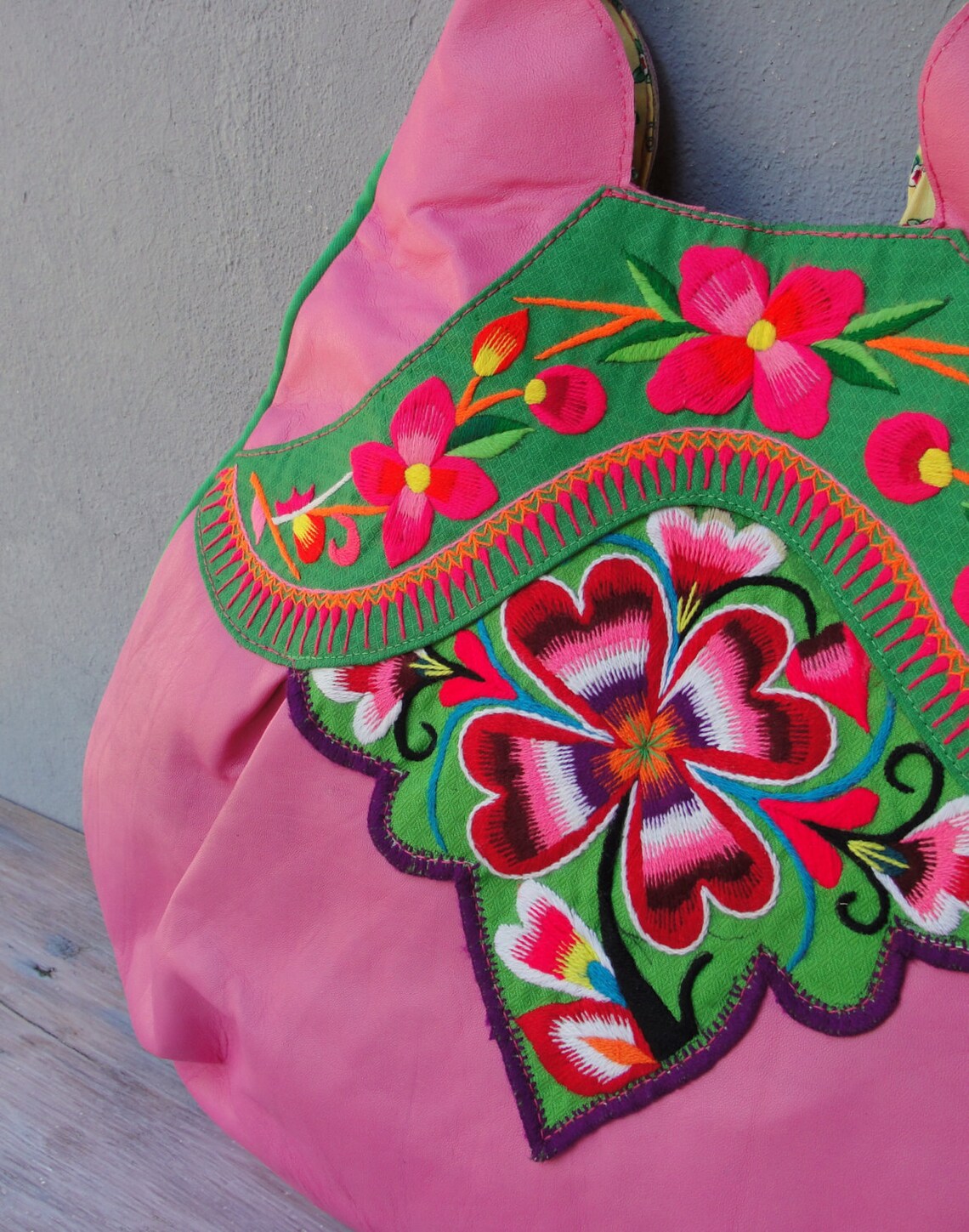 Vintage Embroidery and Leather Bag Large Pink Boho Purse - Etsy