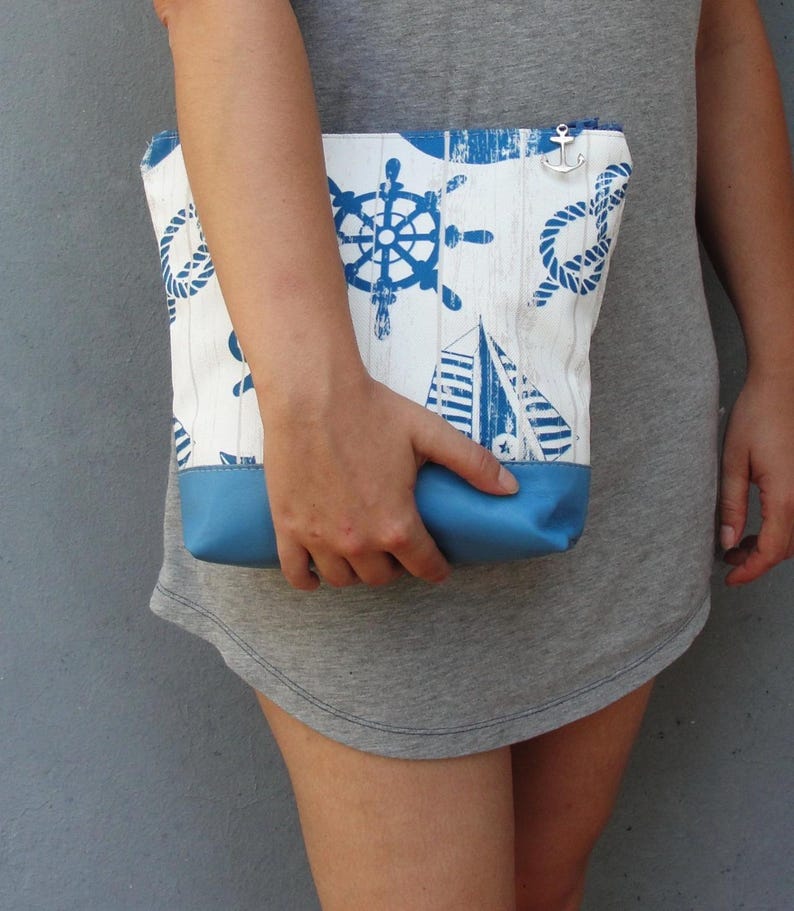 Nautical Clutch With Leather, Digital Print Sailboats, Anchor Sailor ...